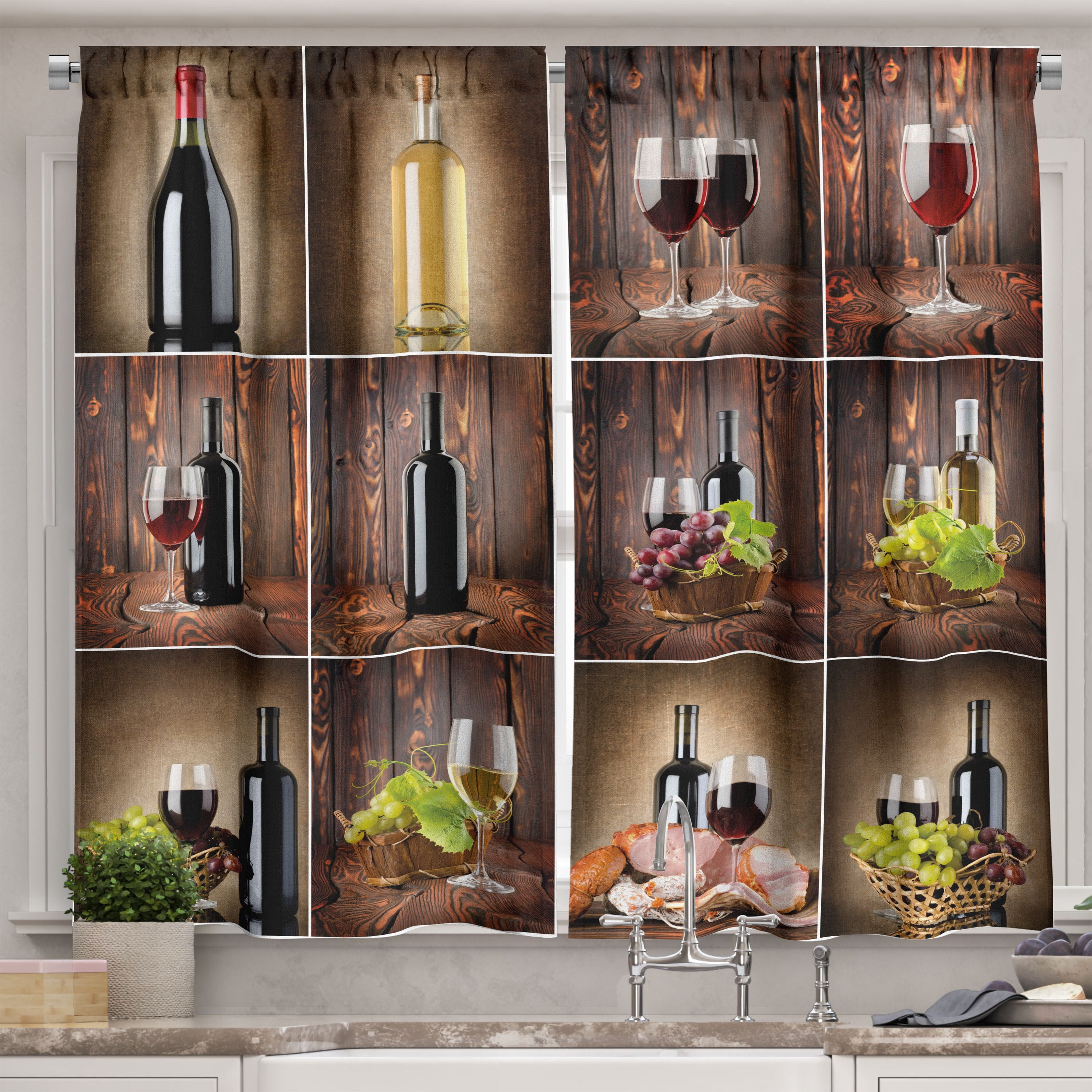 Ambesonne Wine Kitchen Curtains, Grapes Meat Drink Collage, 55"x39 ...