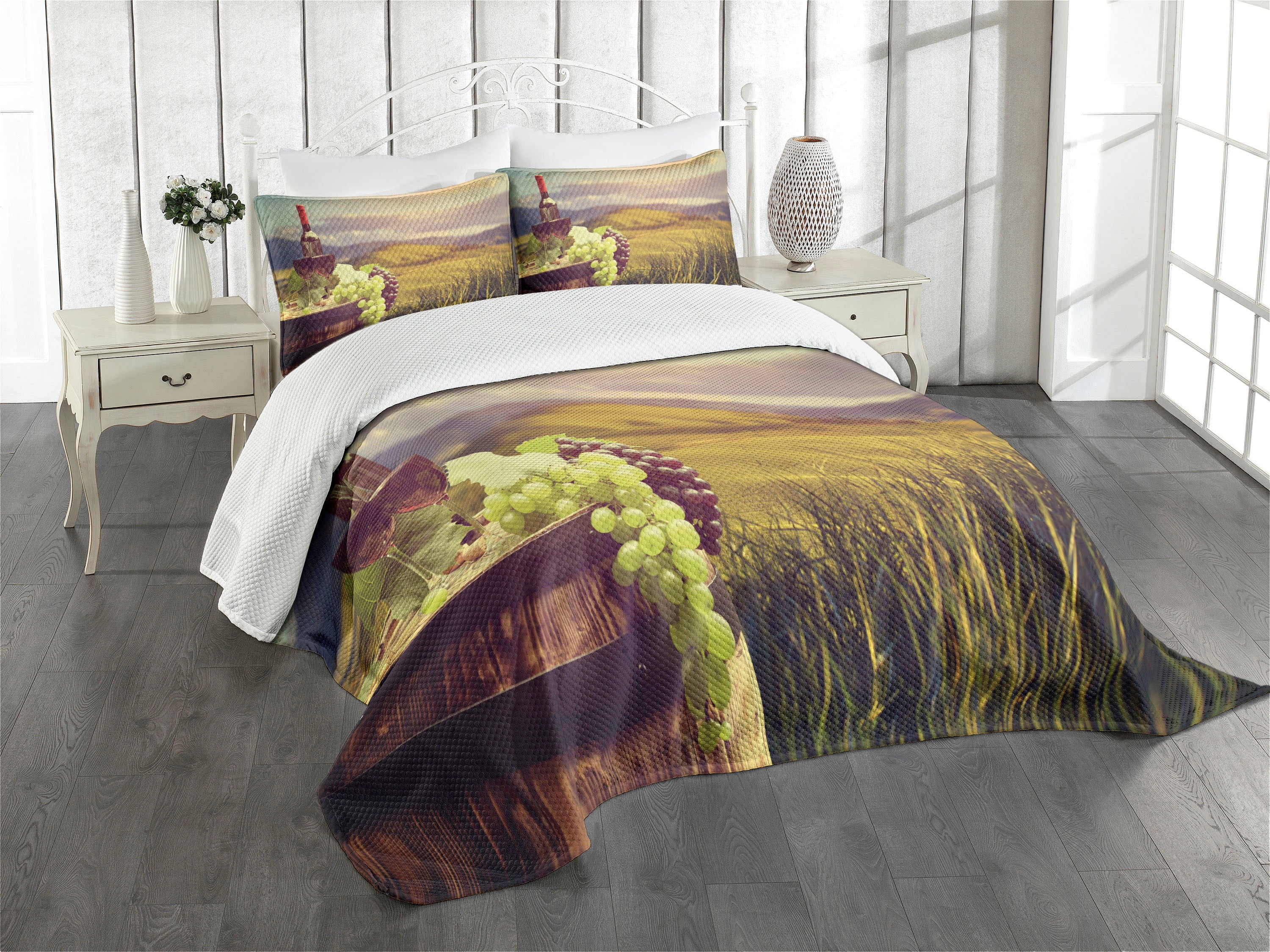 Ambesonne Wine Quilted Bedspread Set 3 Pcs, Italy Tuscany Vineyard ...