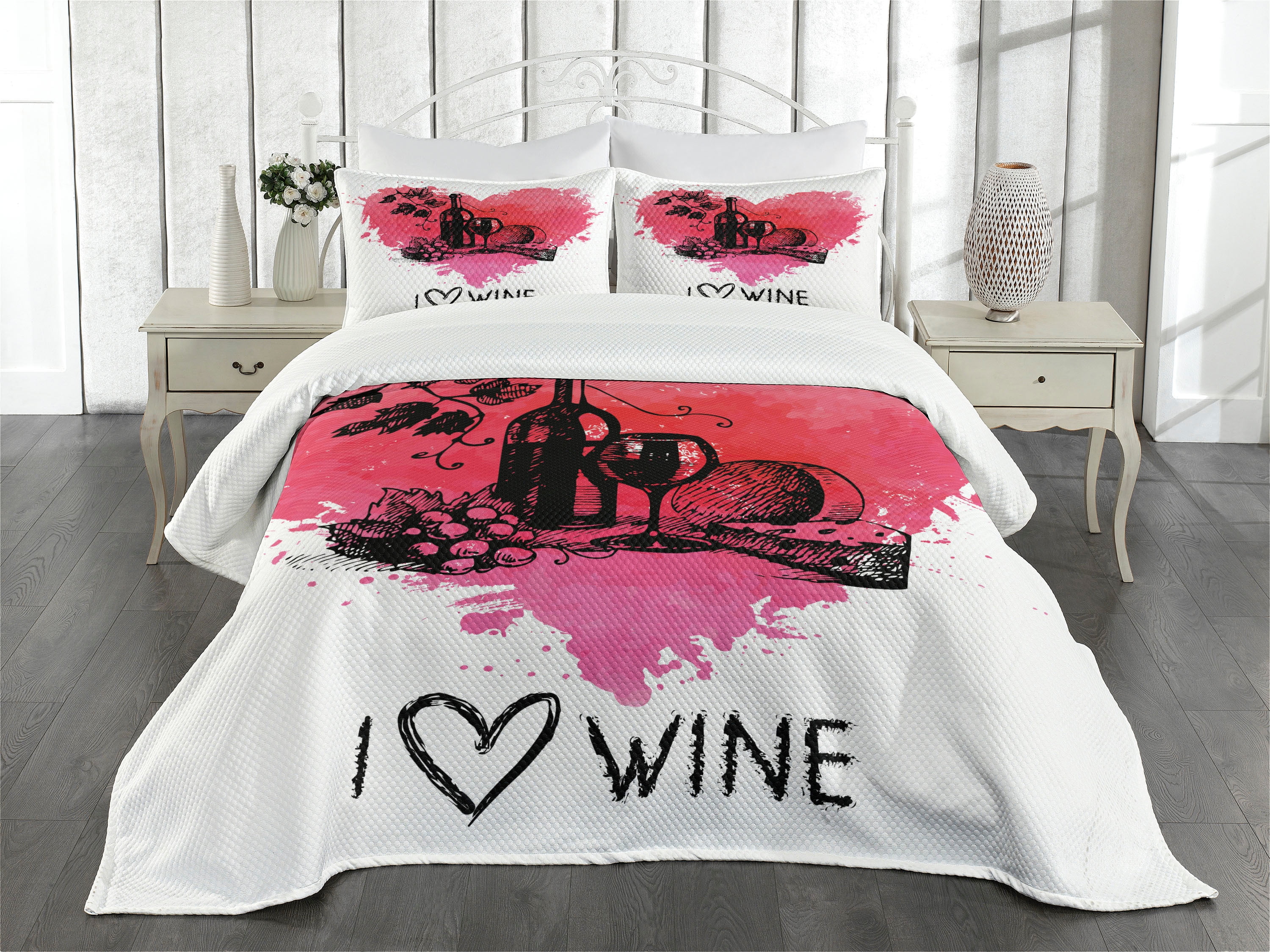 Ambesonne Wine Quilted Bedspread Set 3 Pcs, Sketch Watercolor Heart ...