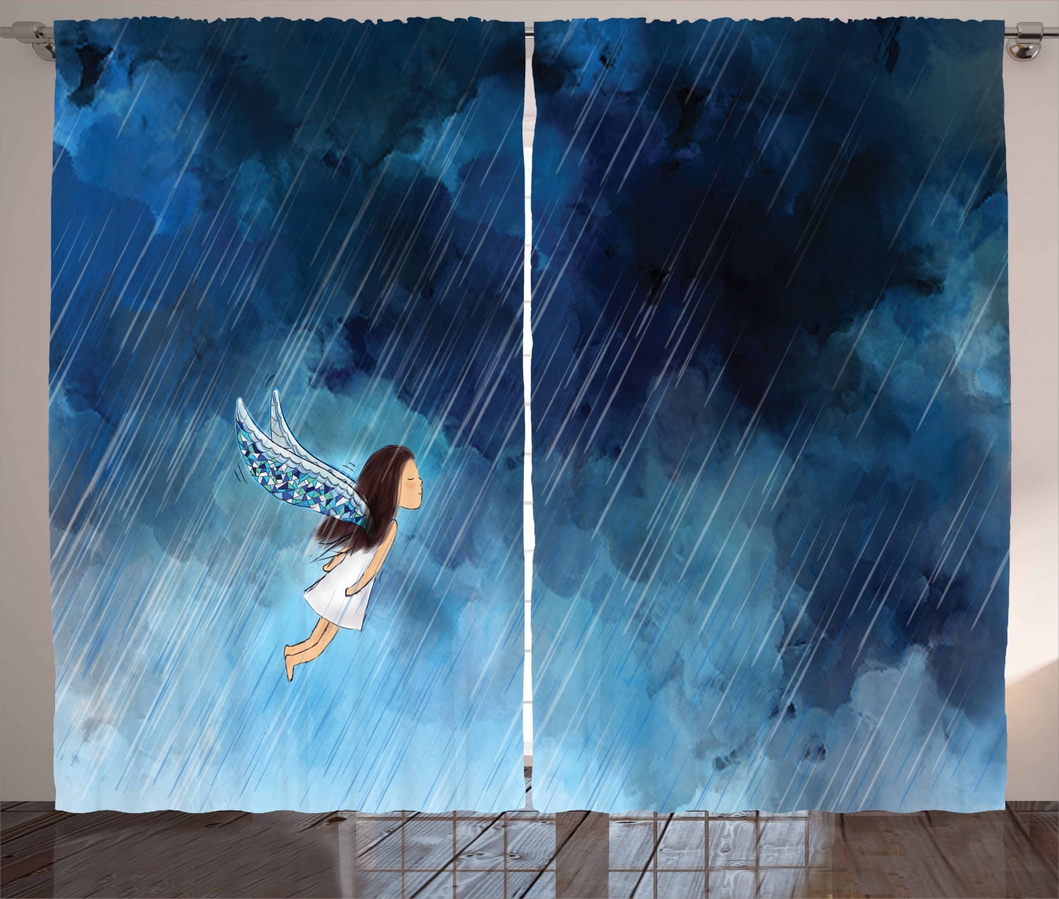 Ambesonne Wings Print Curtains 2 Panel Set, Flying Girl Rainy Sky, 108 ...