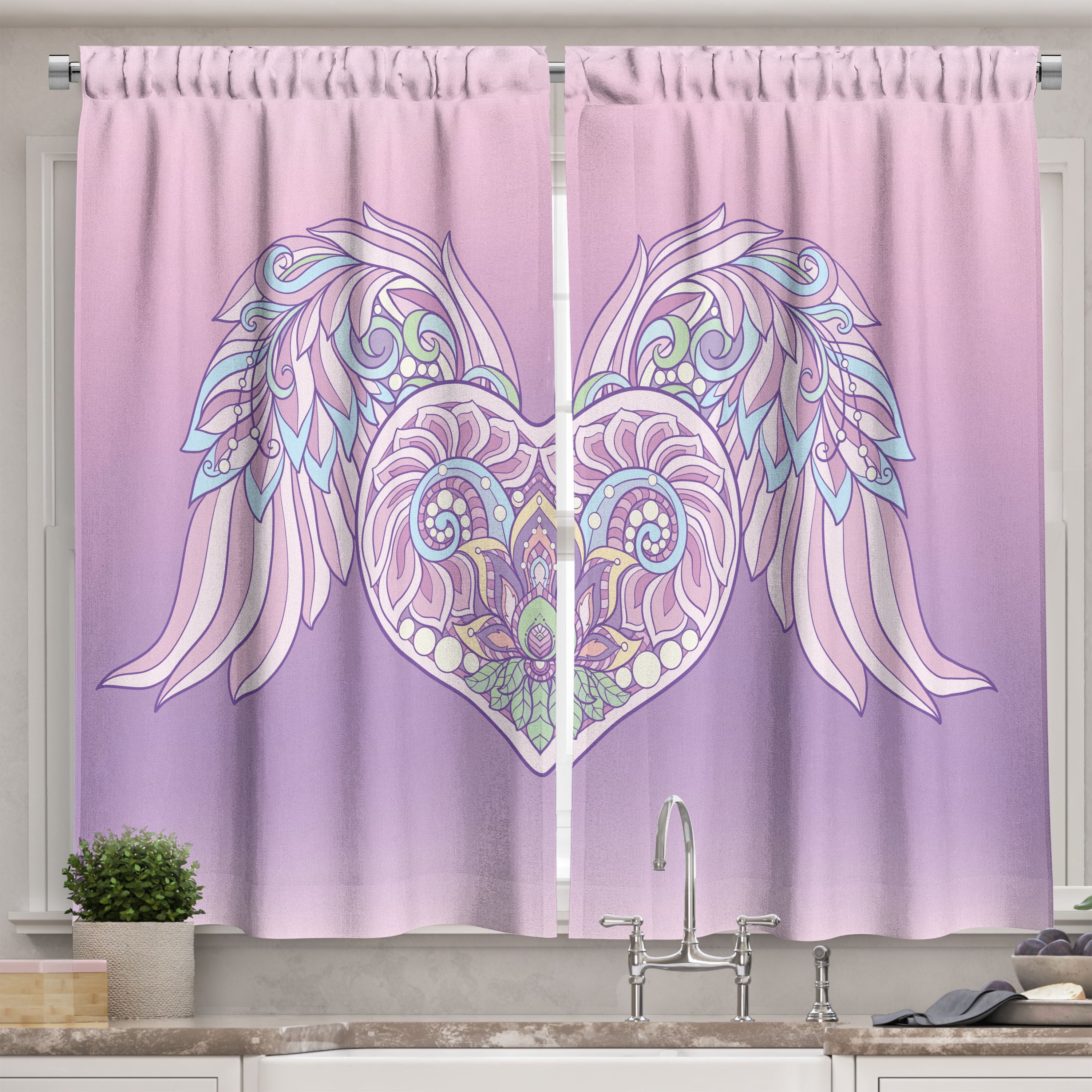 Ambesonne Wings Print Kitchen Curtains, Floral Ornate Heart, 55"x39 ...