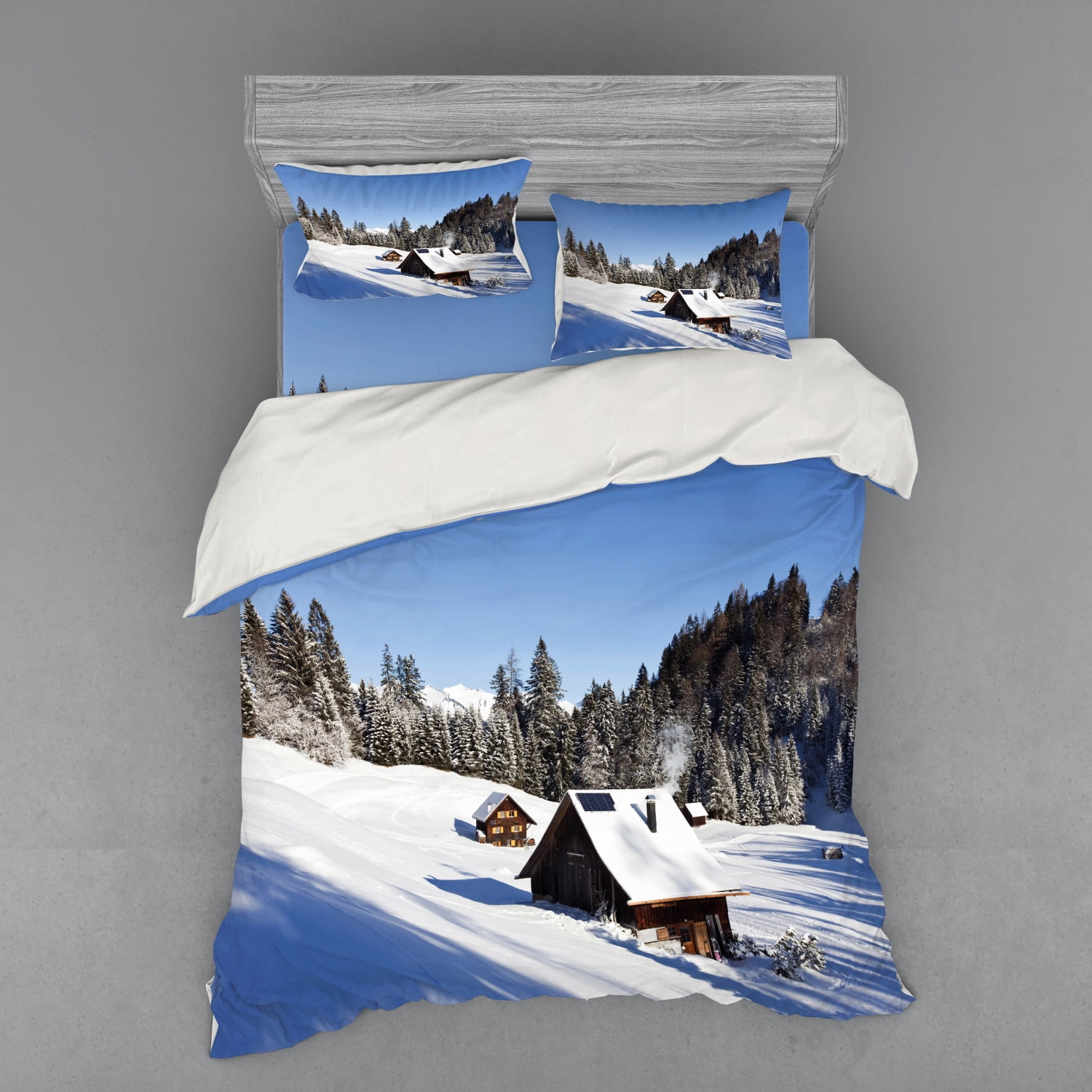 Ambesonne Winter Bedding Set 4 Pcs, Log Cabins in Mountains, Queen ...
