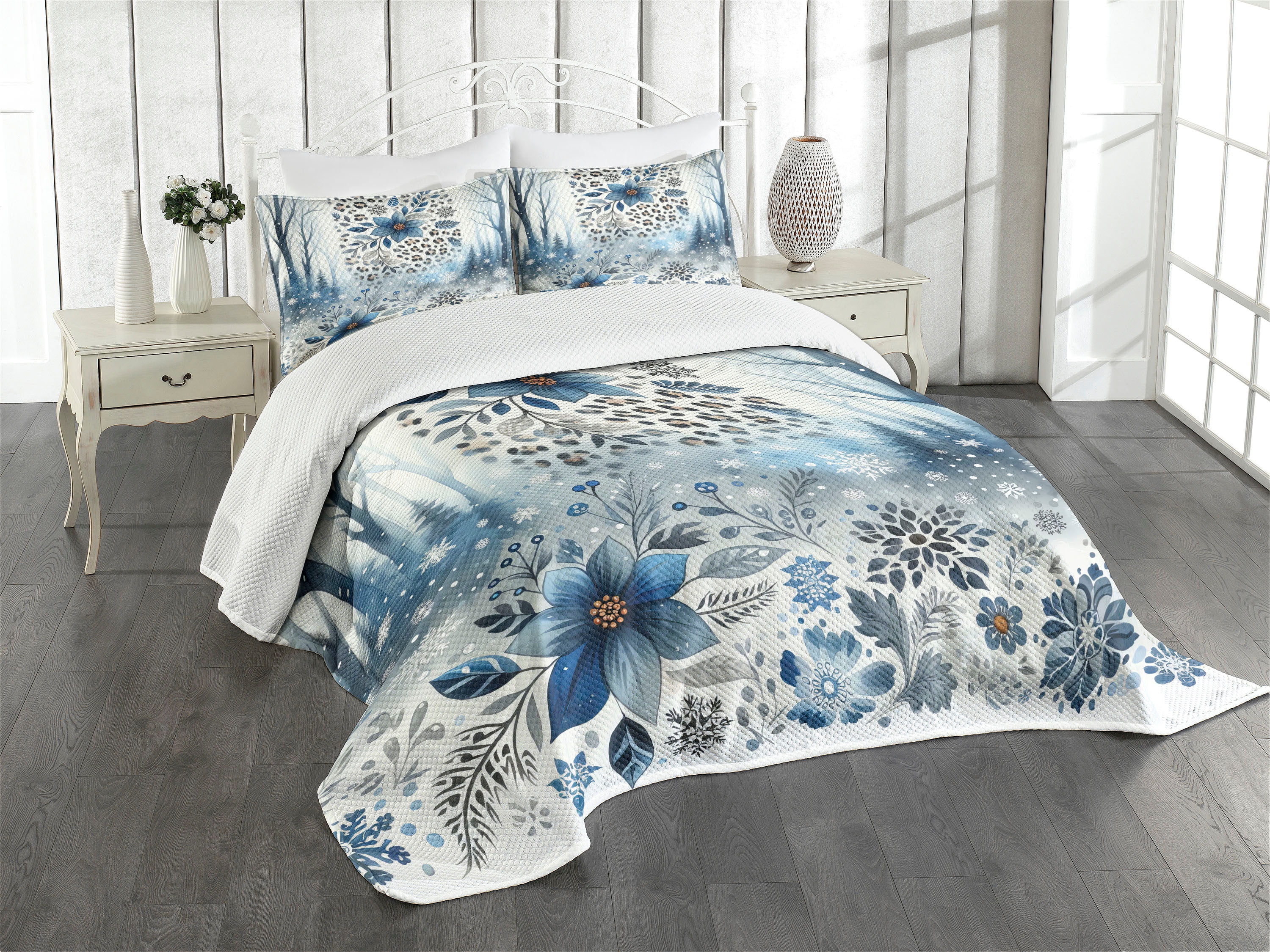 Ambesonne Winter Blue Quilted Bedspread Set 3 Pcs, Frosty Flowers ...