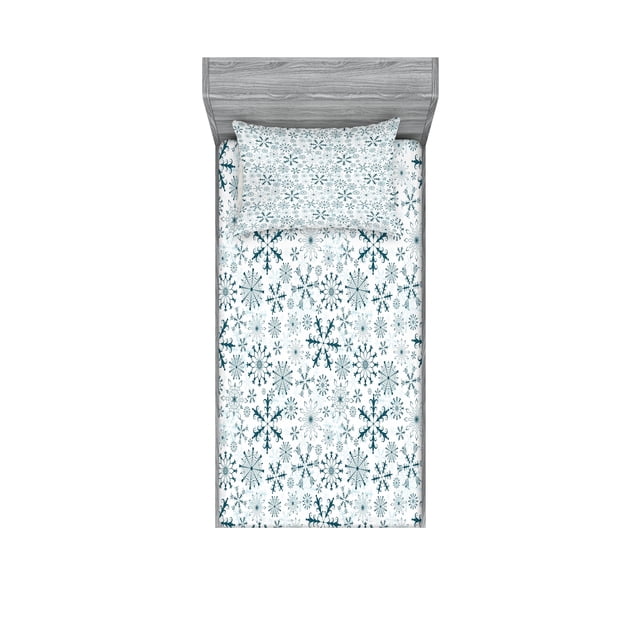 Ambesonne Winter Fitted Sheet & Pillow Sham Set, Merry Xmas Snowflakes ...