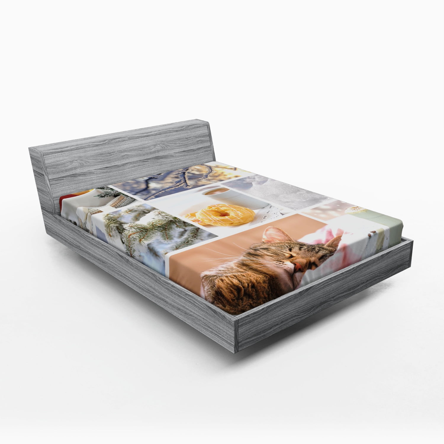 Ambesonne Winter Fitted Sheet, Snow Cat Coffee Donuts, Queen Size ...