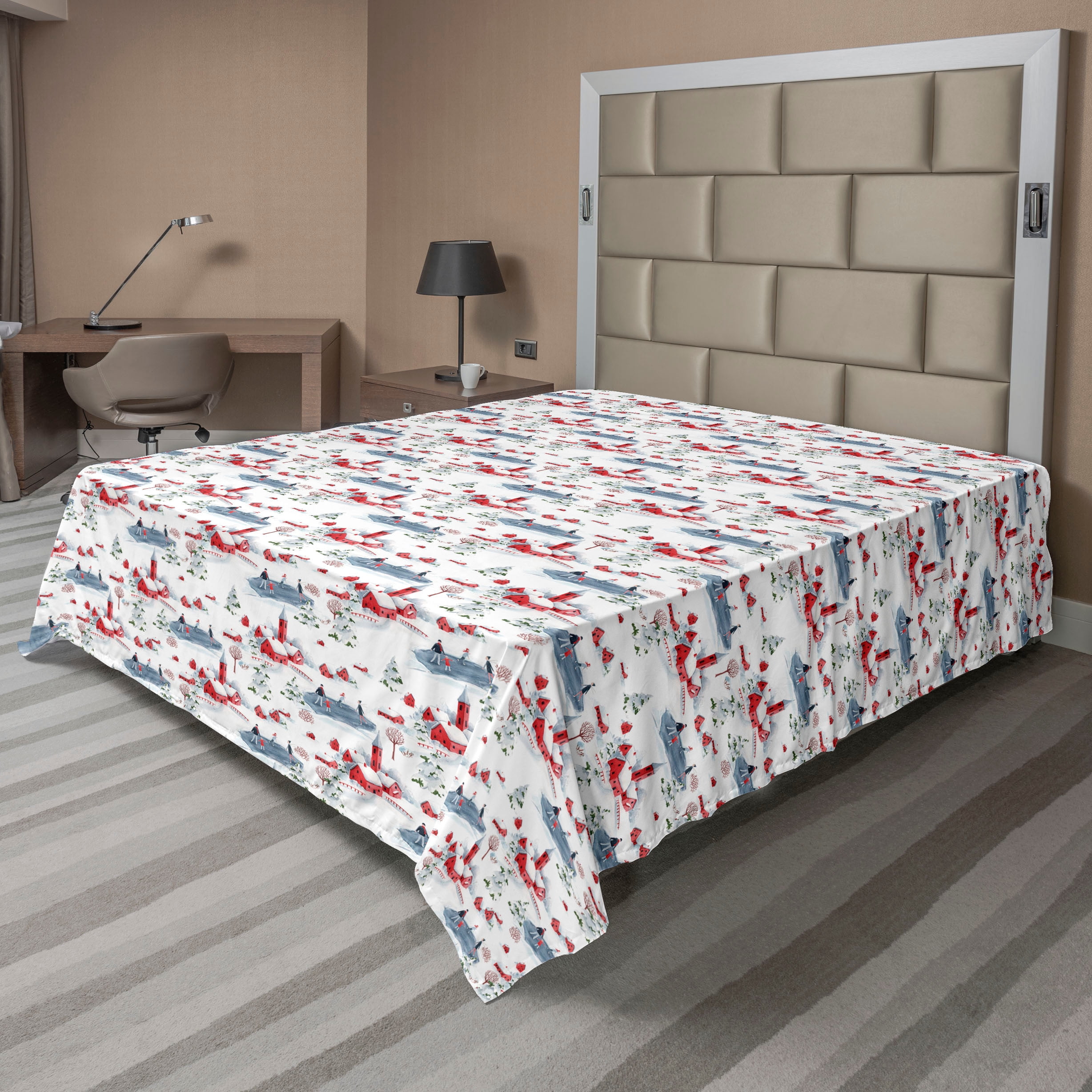 Ambesonne Winter Flat Bedding Sheet Soft Top Sheet, Happy Family Skiing ...
