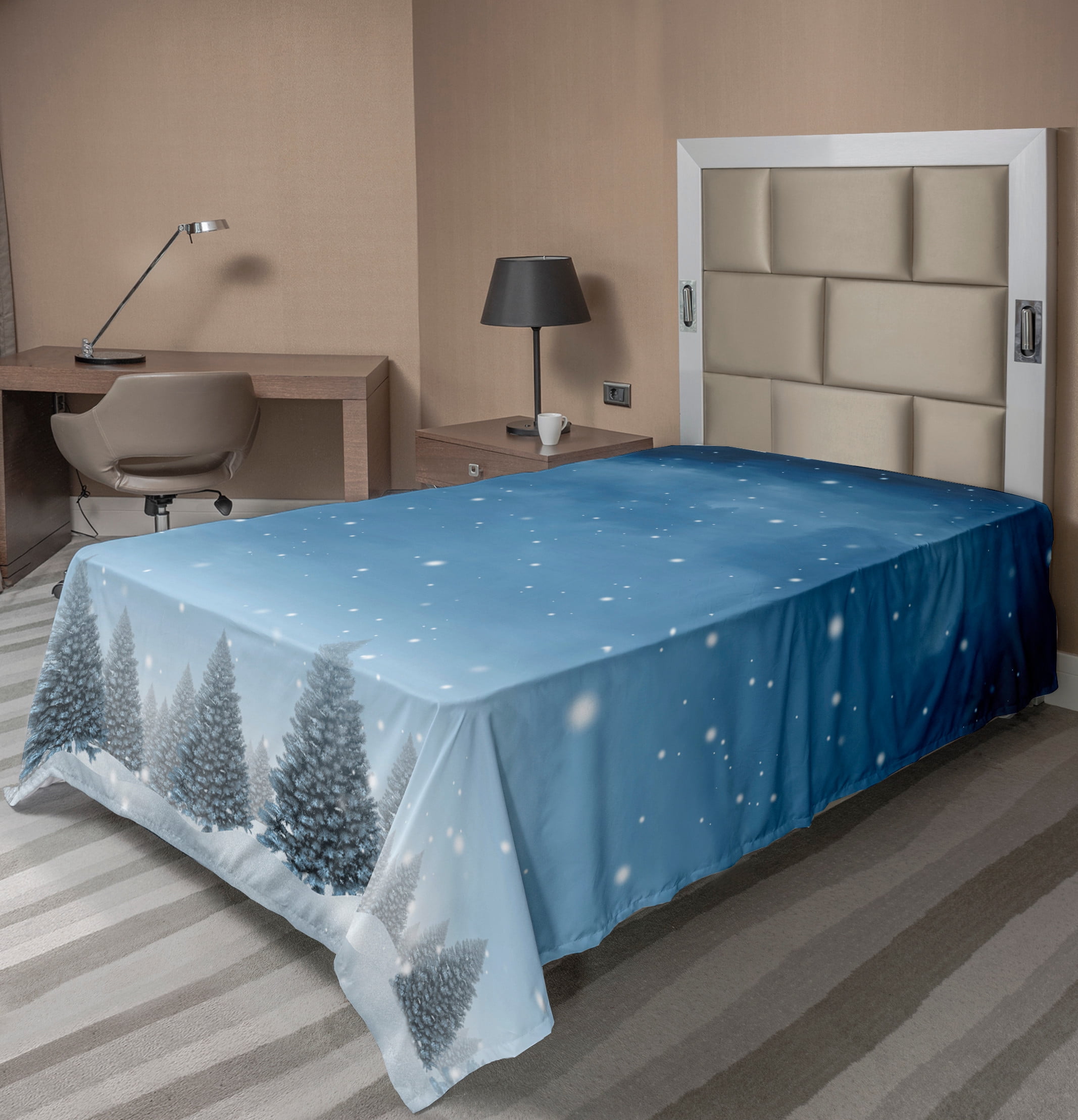 Ambesonne Winter Flat Sheet, Xmas Blue Forest Trees, TwinXL Size, Blue ...