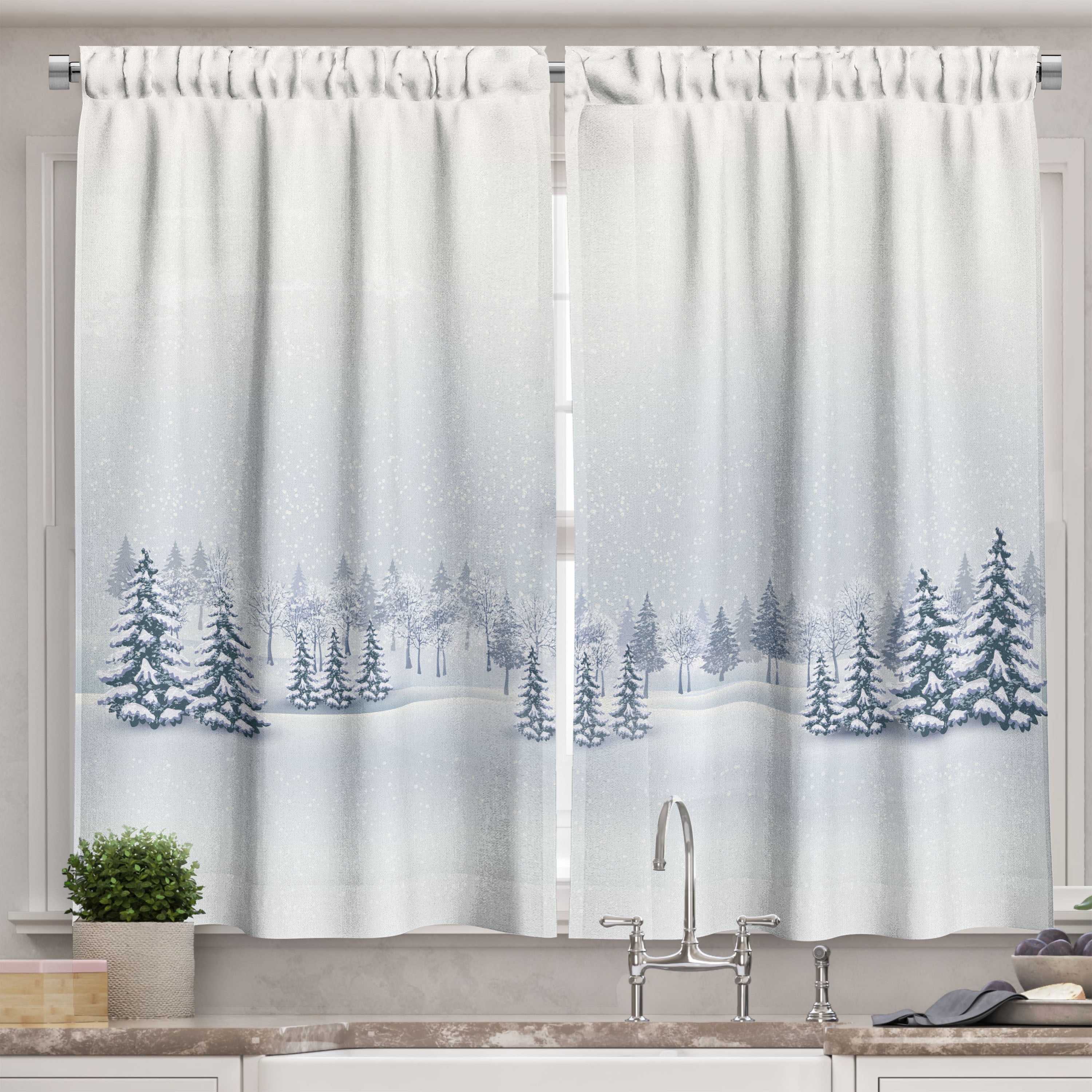 Ambesonne Winter Window Kitchen Curtains, Foggy Weather Trees, 55"x45 ...