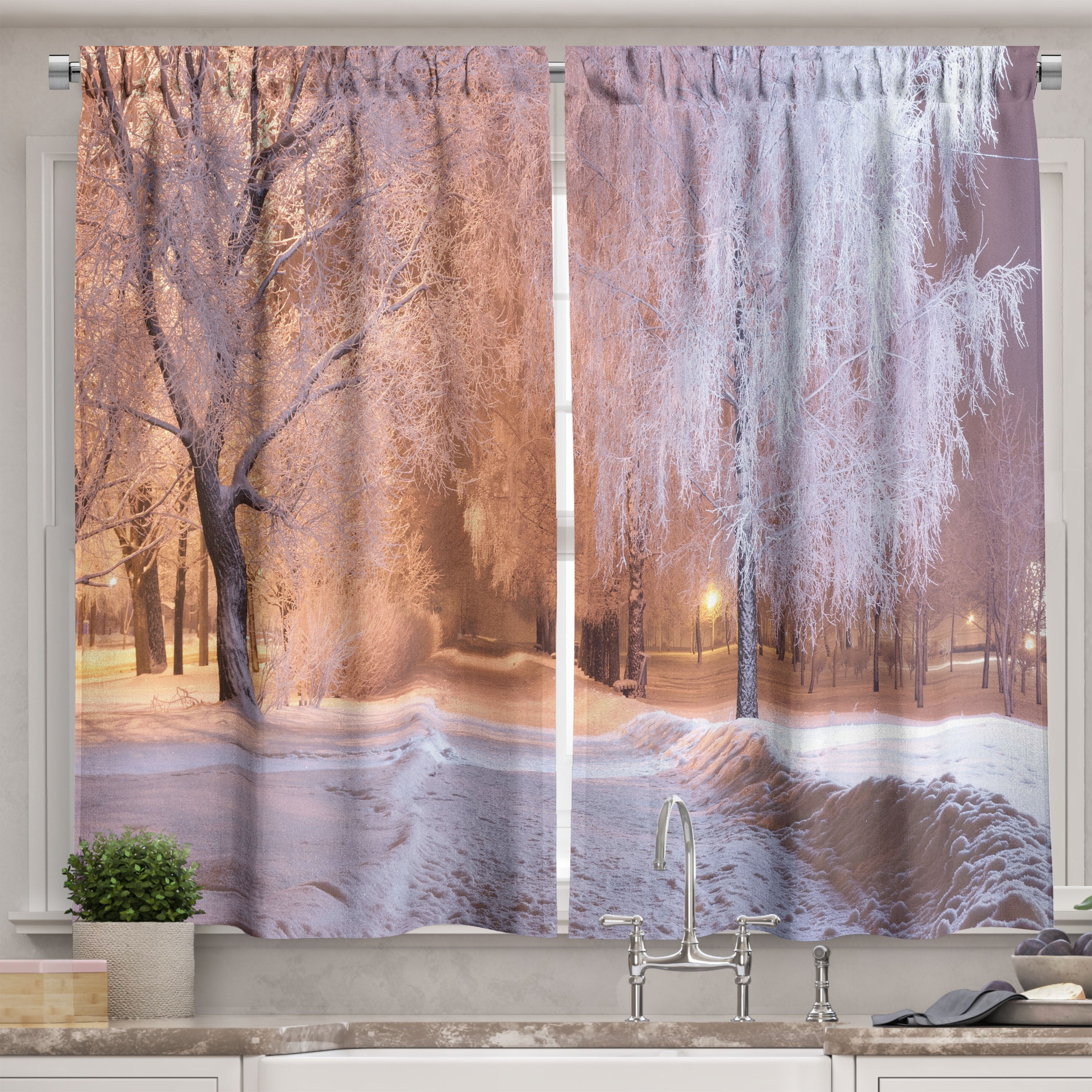 Ambesonne Winter Kitchen Curtains, Night Scene Frozen Trees, 55"x45 ...