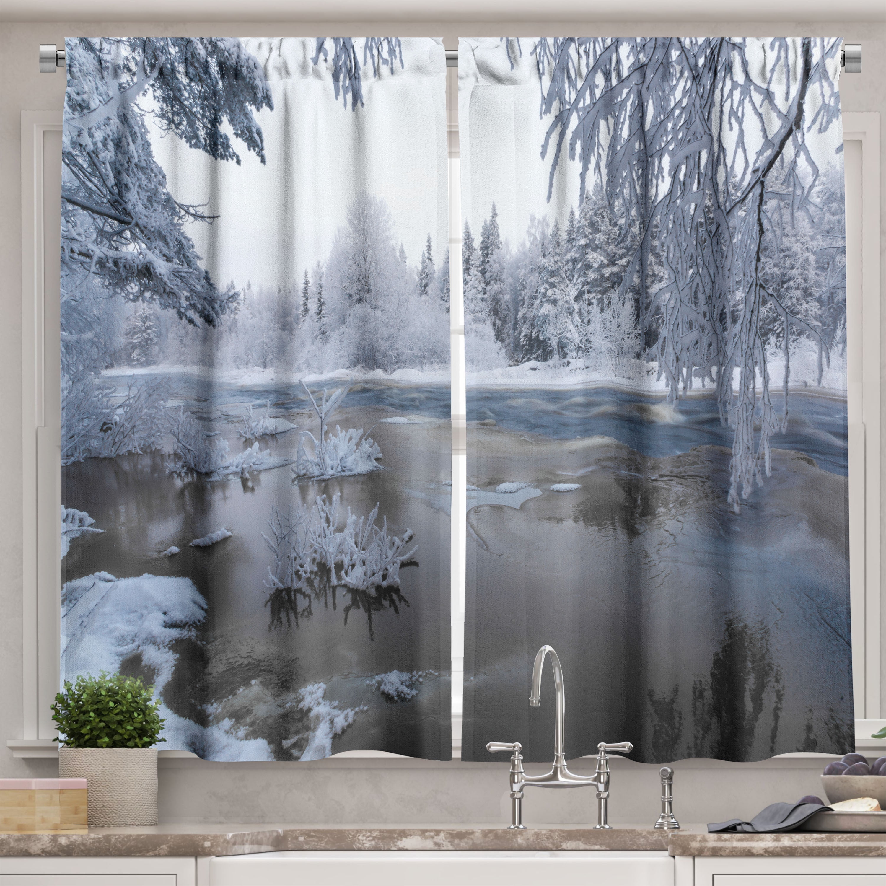 Ambesonne Winter Kitchen Curtains, Nordic Snow Nature Icy, 55"x45 ...