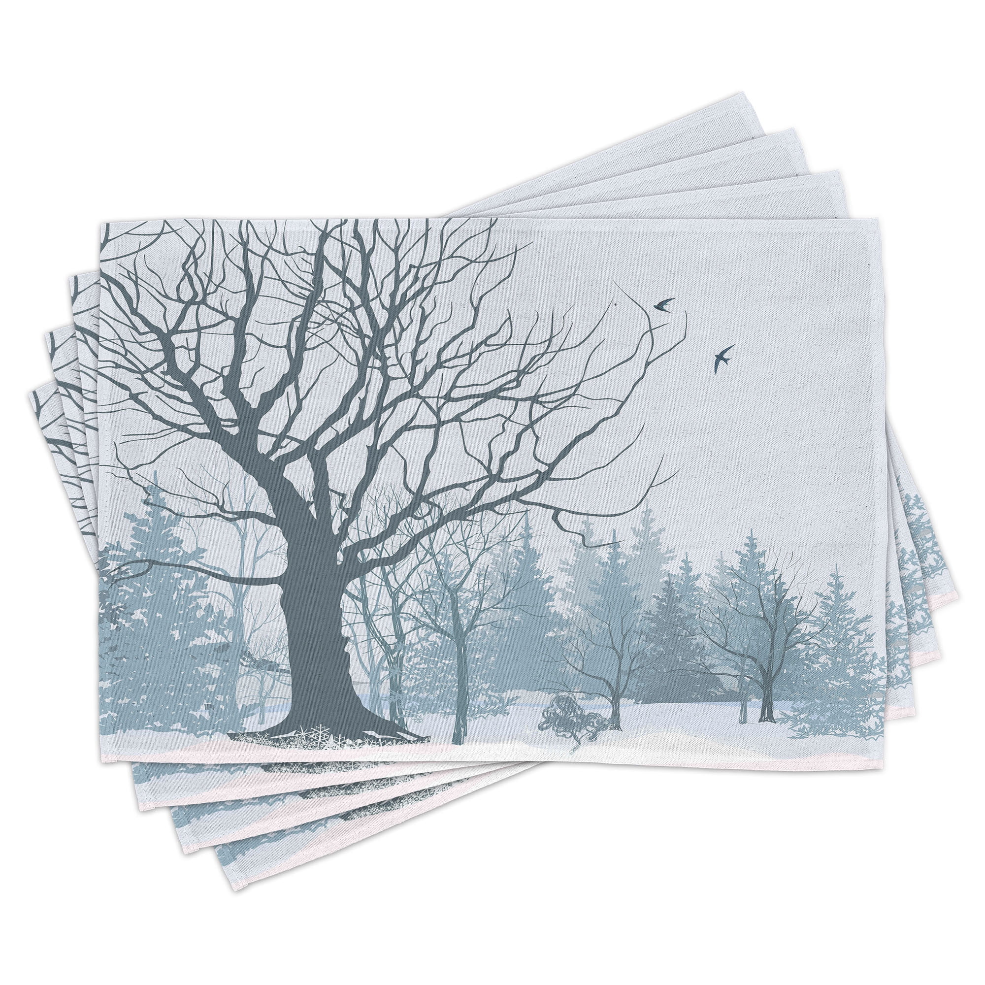 Ambesonne Winter Place Mats Set of 4, Snowy Forest Trees Birds ...