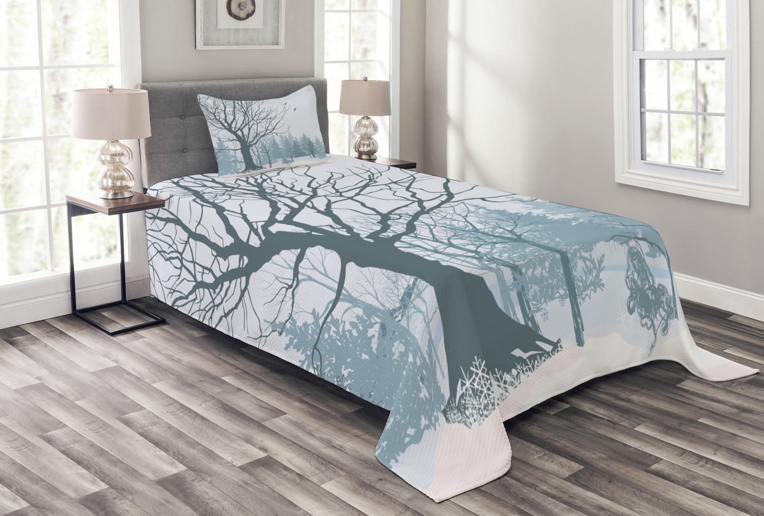 Ambesonne Winter Quilted Bedspread Set 2 Pcs, Snowy Forest Trees Birds ...
