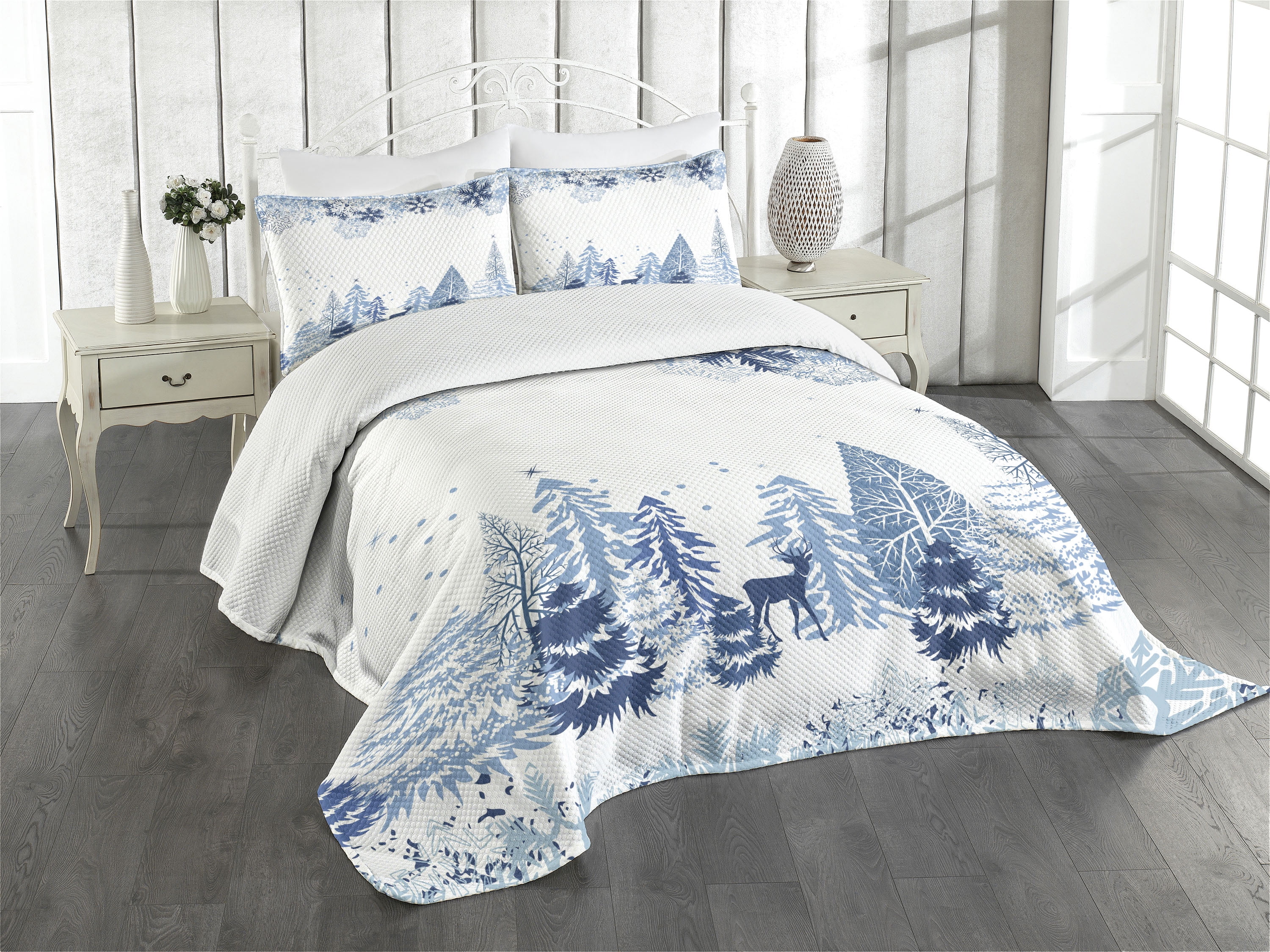 Ambesonne Christmas Holiday Bedspread Set, Winter Deer Pine Trees Xmas ...