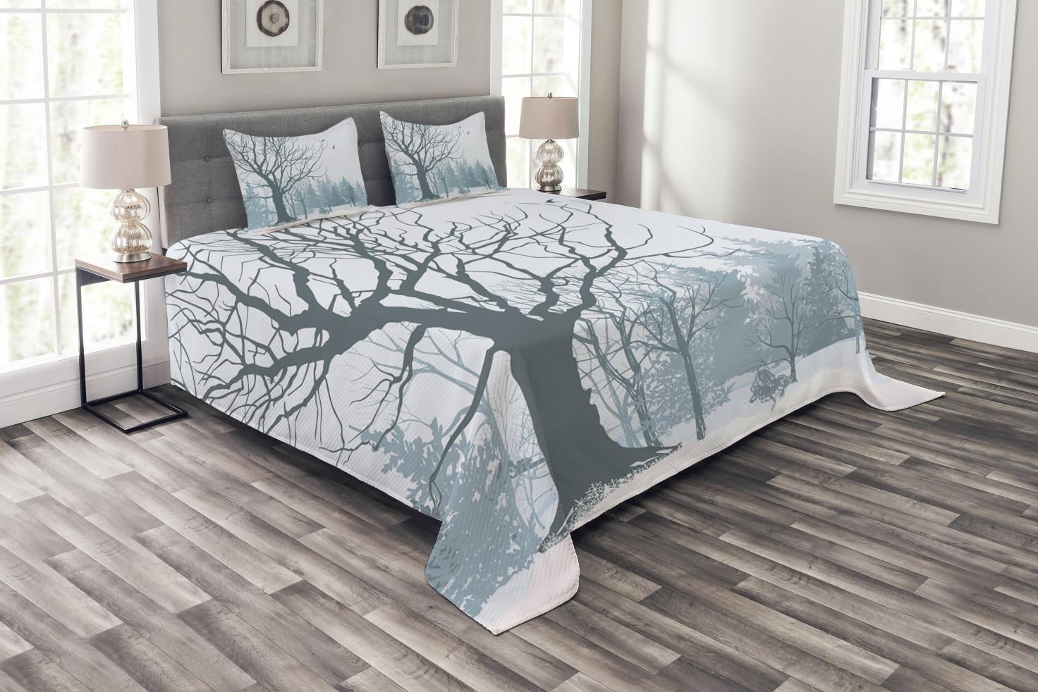 Ambesonne Winter Quilted Bedspread Set 3 Pcs, Snowy Forest Trees Birds ...