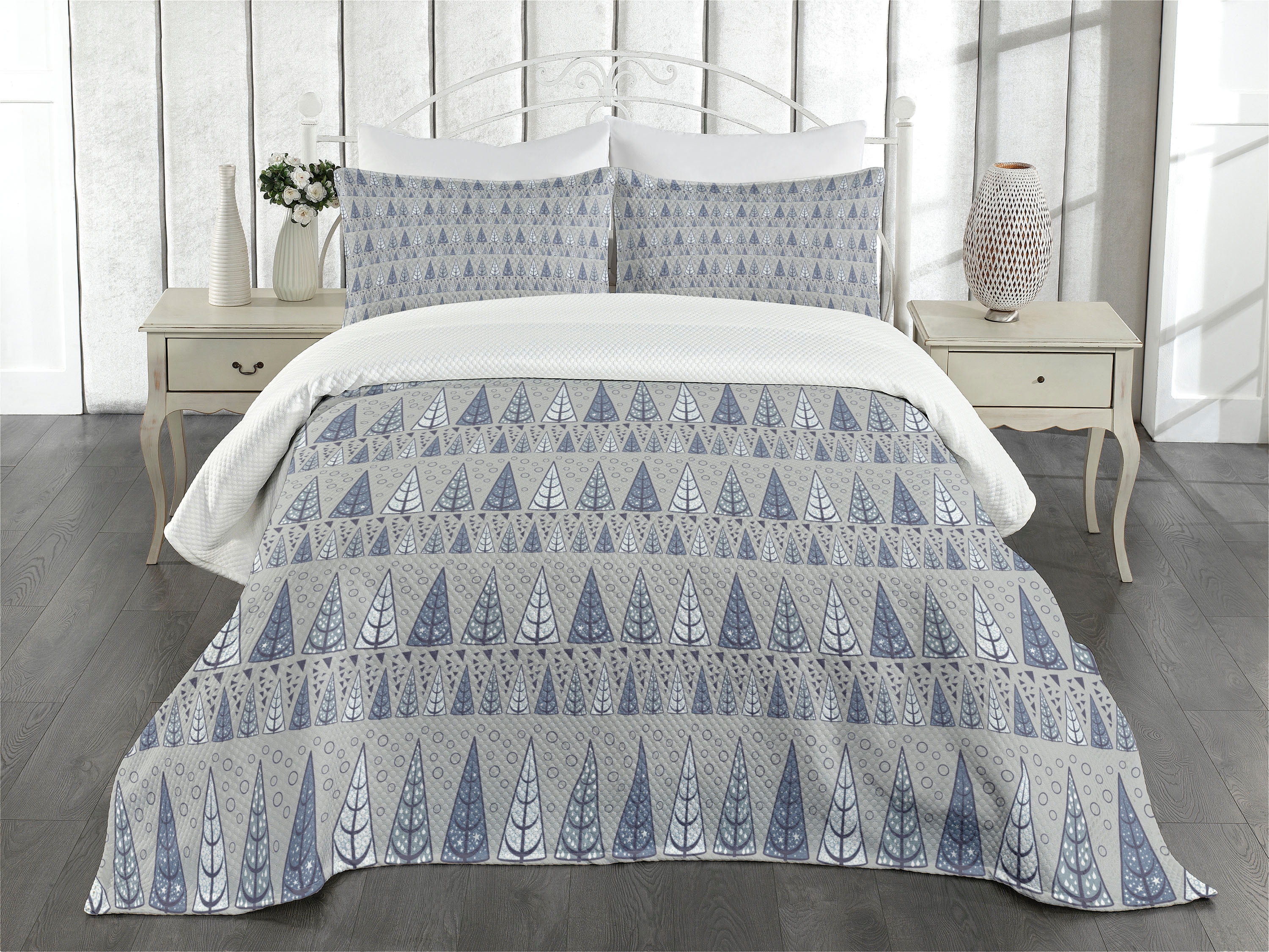 Ambesonne Winter Quilted Bedspread Set 3 Pcs, Triangular Pine Trees ...