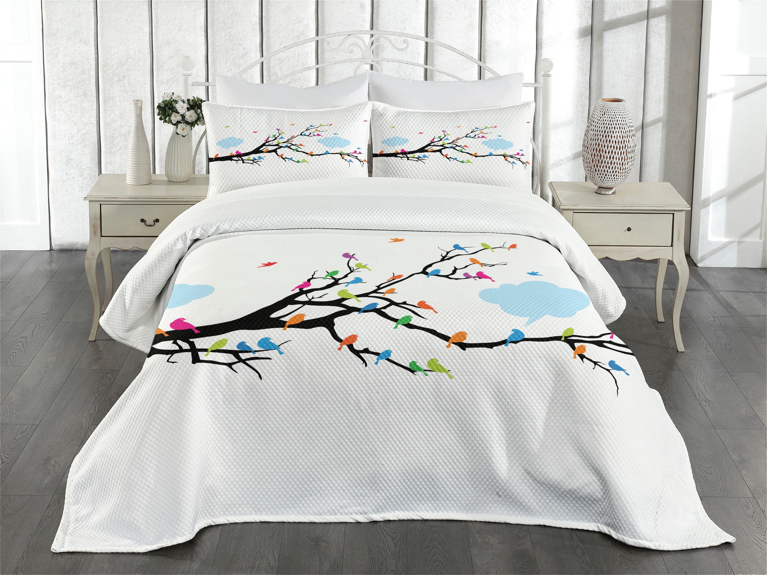 Ambesonne Winter Quilted Bedspread Set 3 Pcs, Winged Birds on Tree ...