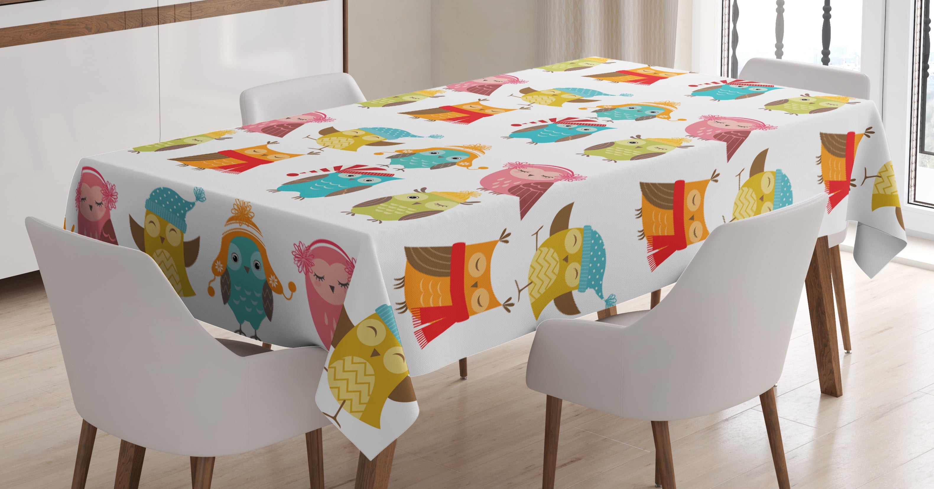 Ambesonne Winter Tablecloth Rectangular Table Cover, Cartoon Funny Owls ...