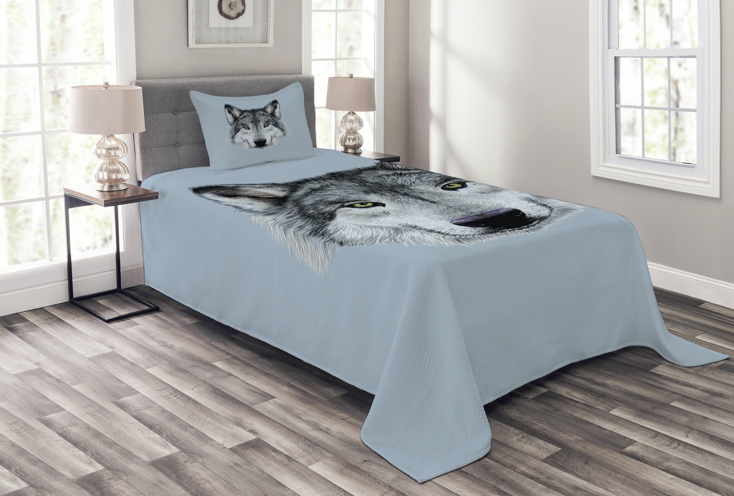 Ambesonne Wolf Quilted Bedspread Set 2 Pcs, Detailed Canine Expression ...