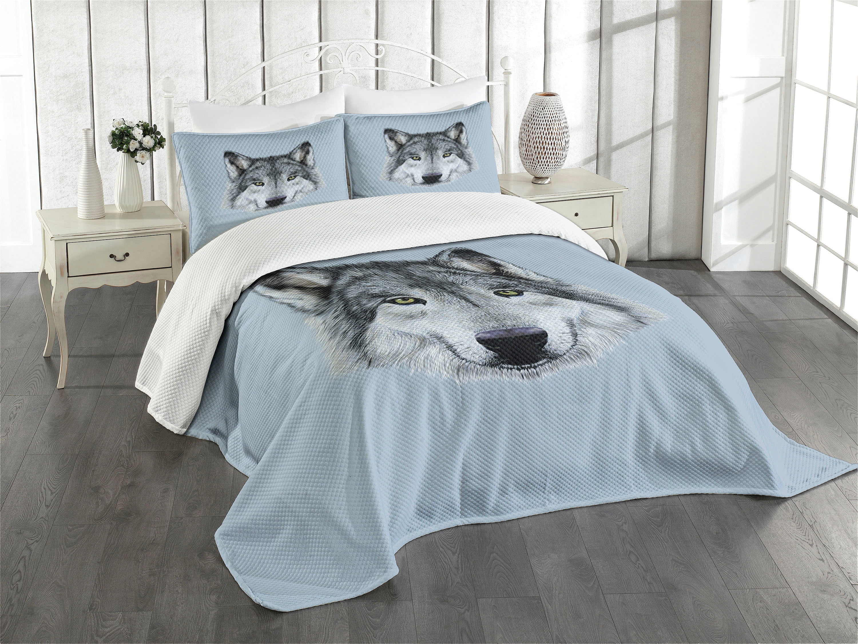 Ambesonne Wolf Quilted Bedspread Set 3 Pcs, Detailed Canine Expression ...