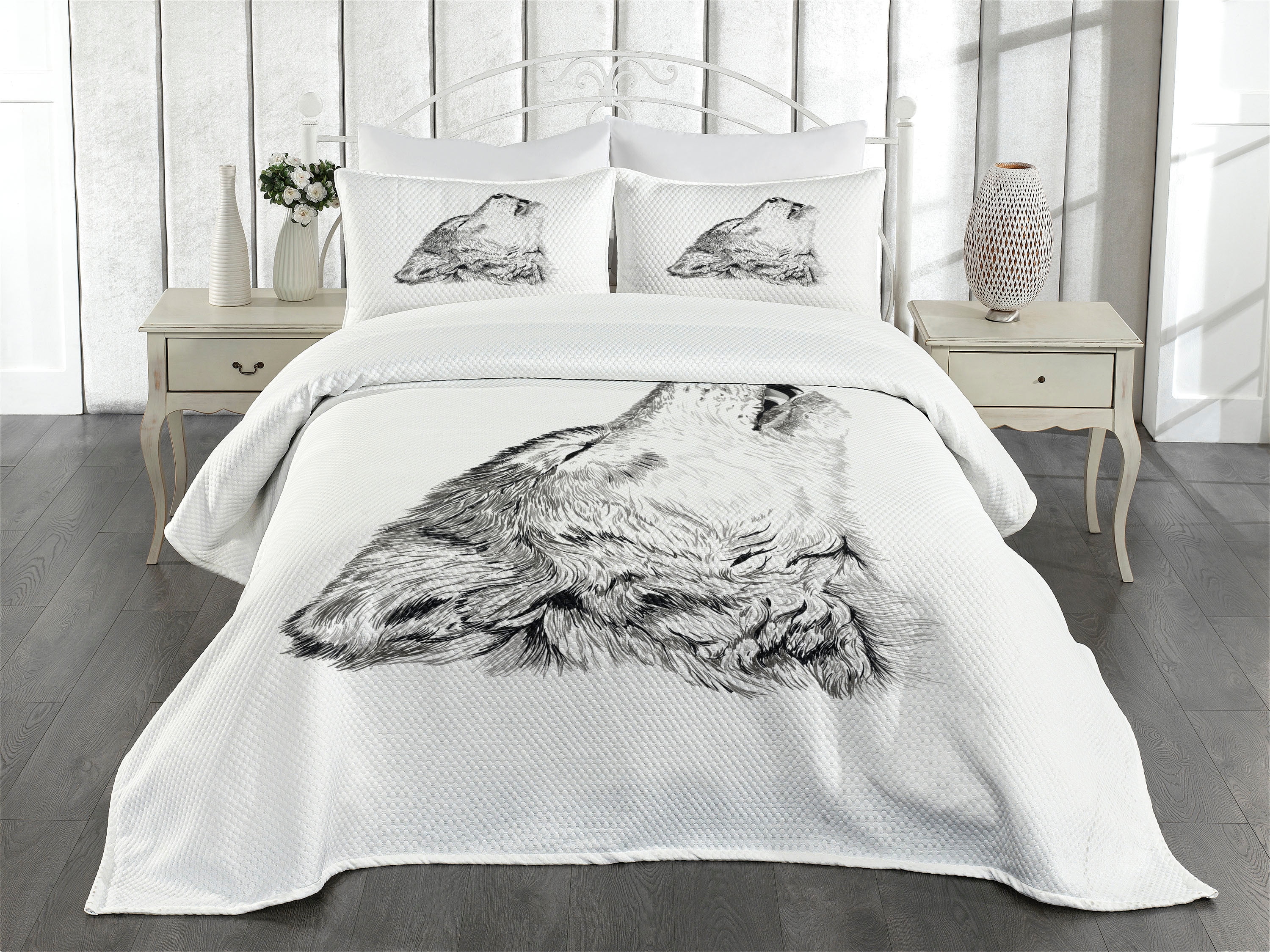 Ambesonne Wolf Quilted Bedspread Set 3 Pcs, Monochrome Sketch Canine ...