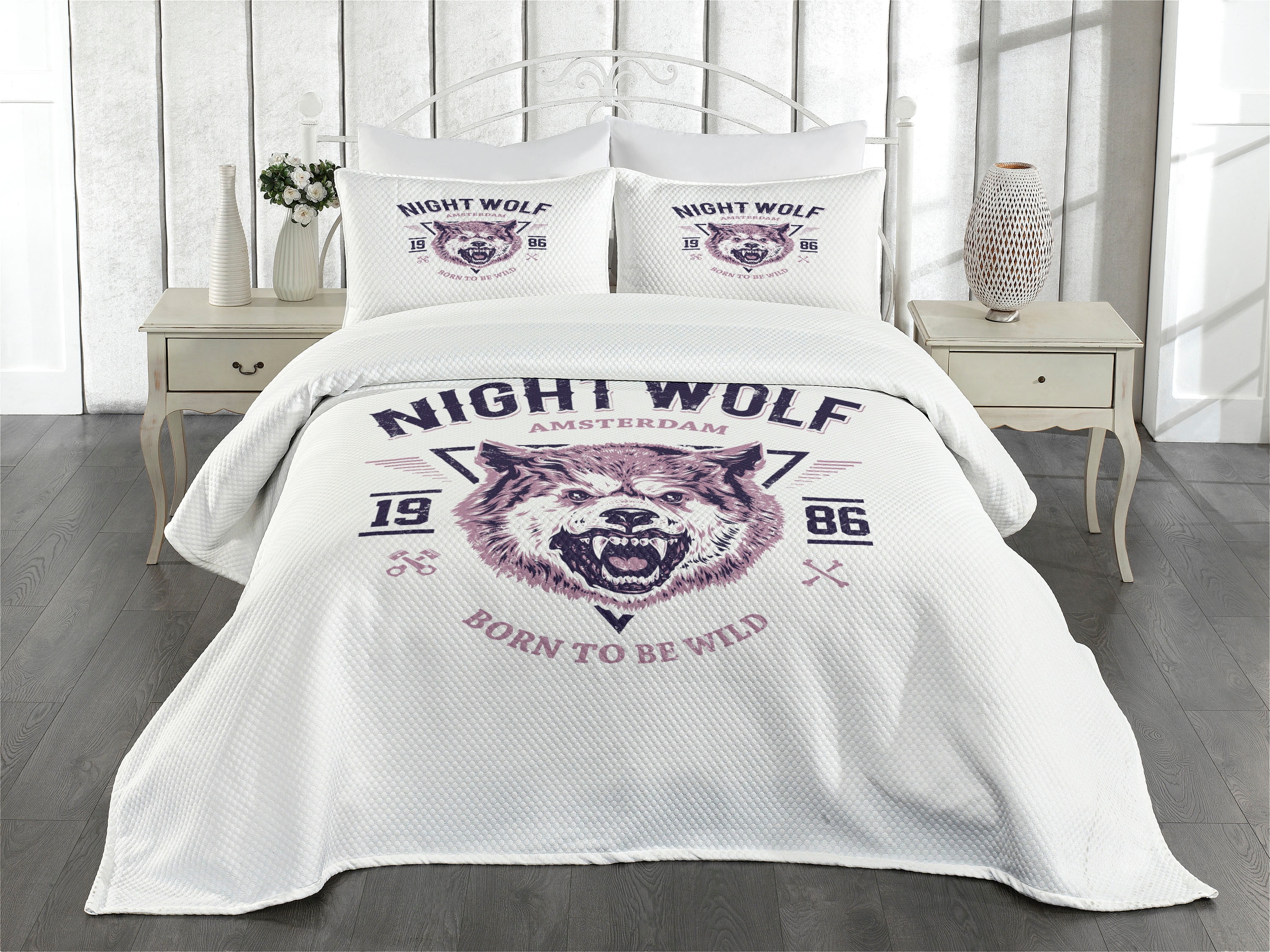 Ambesonne Wolf Quilted Bedspread Set 3 Pcs, Roaring and Angry Animal ...