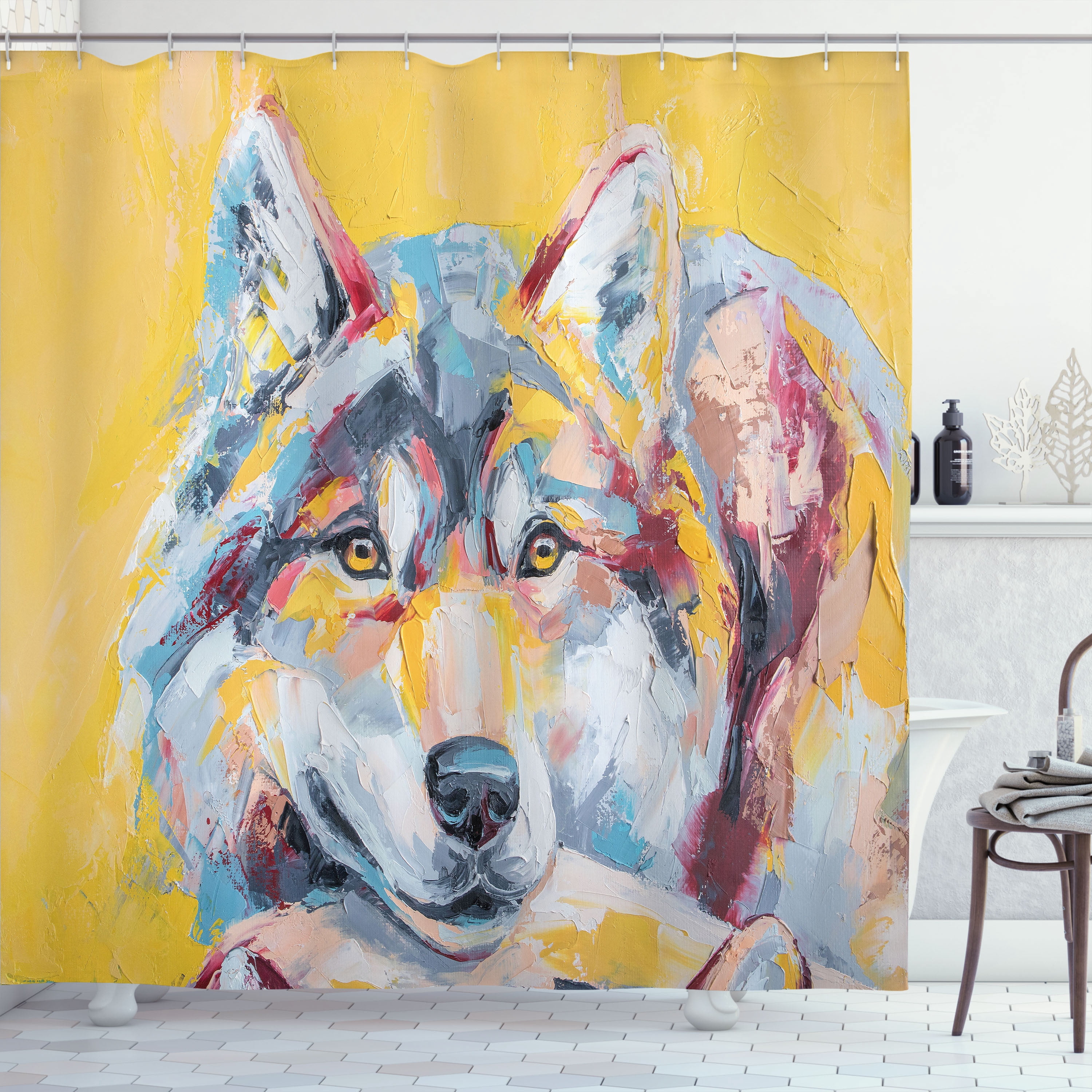 Ambesonne Wolf Shower Curtain, Happy Wild Animal Portrait Art, 69"Wx75 ...