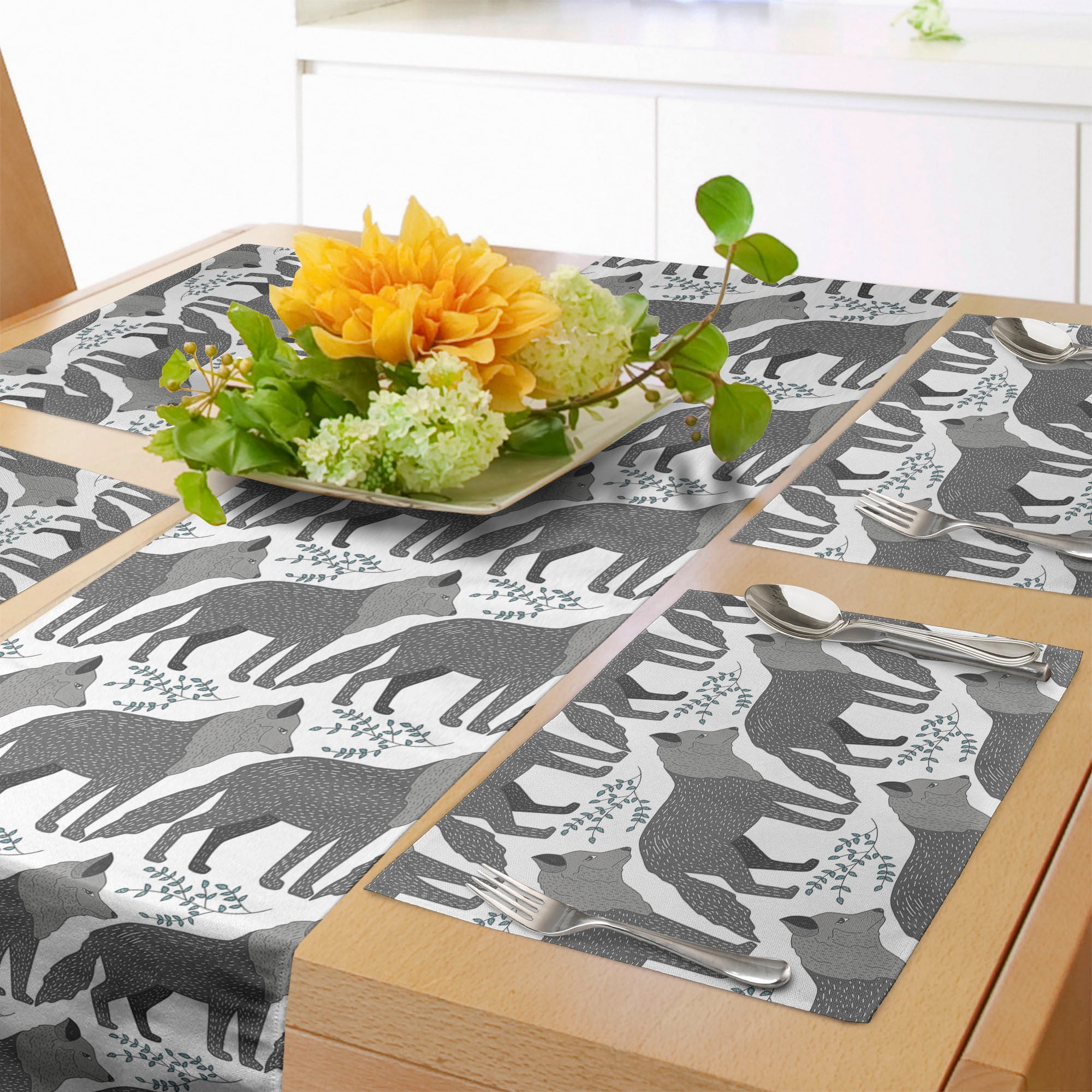 Ambesonne Wolf Table Runner & Placemats, Forest Animals and Leaves ...