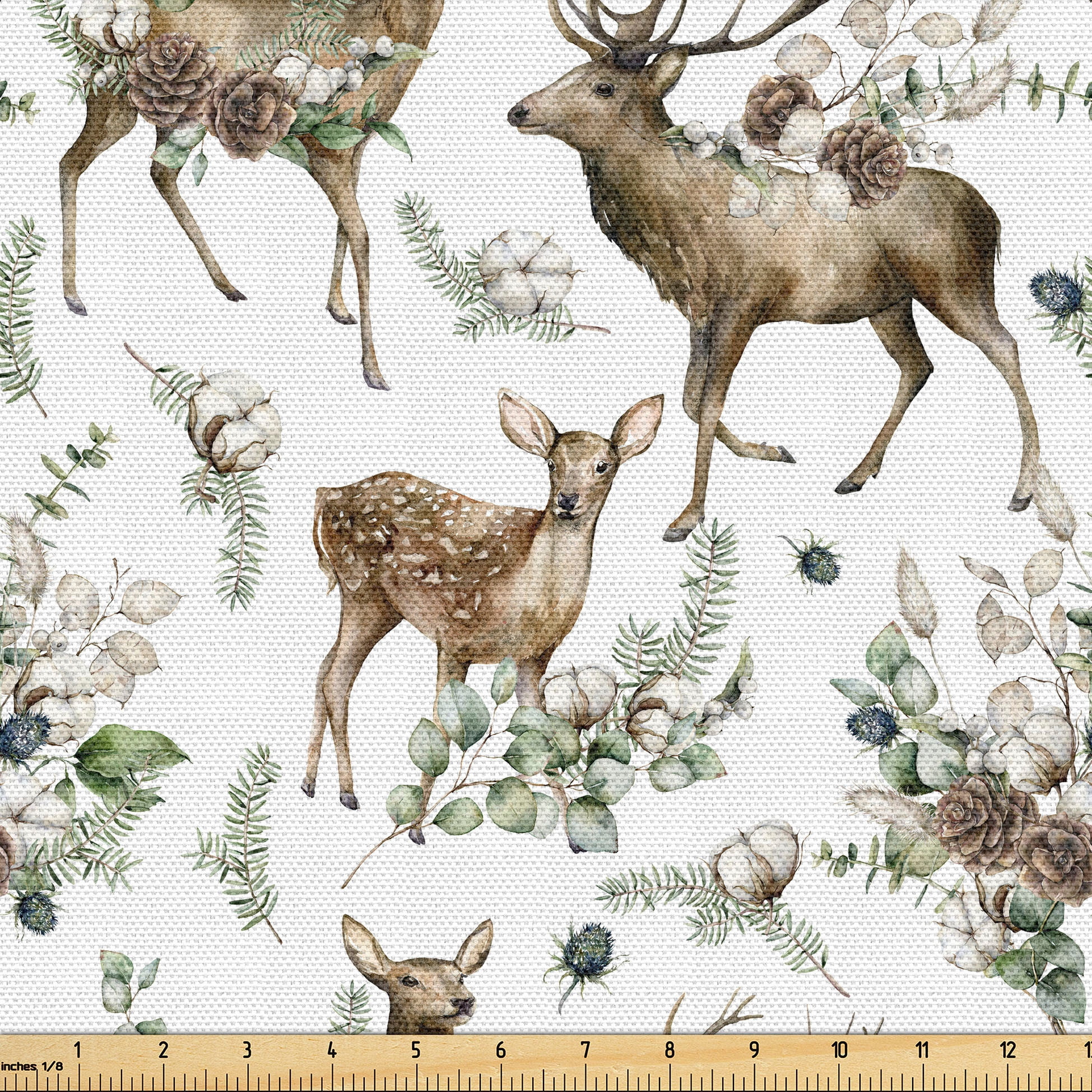 Ambesonne Woods Fabric by the Yard Upholstery, Antler Reindeer Floral ...