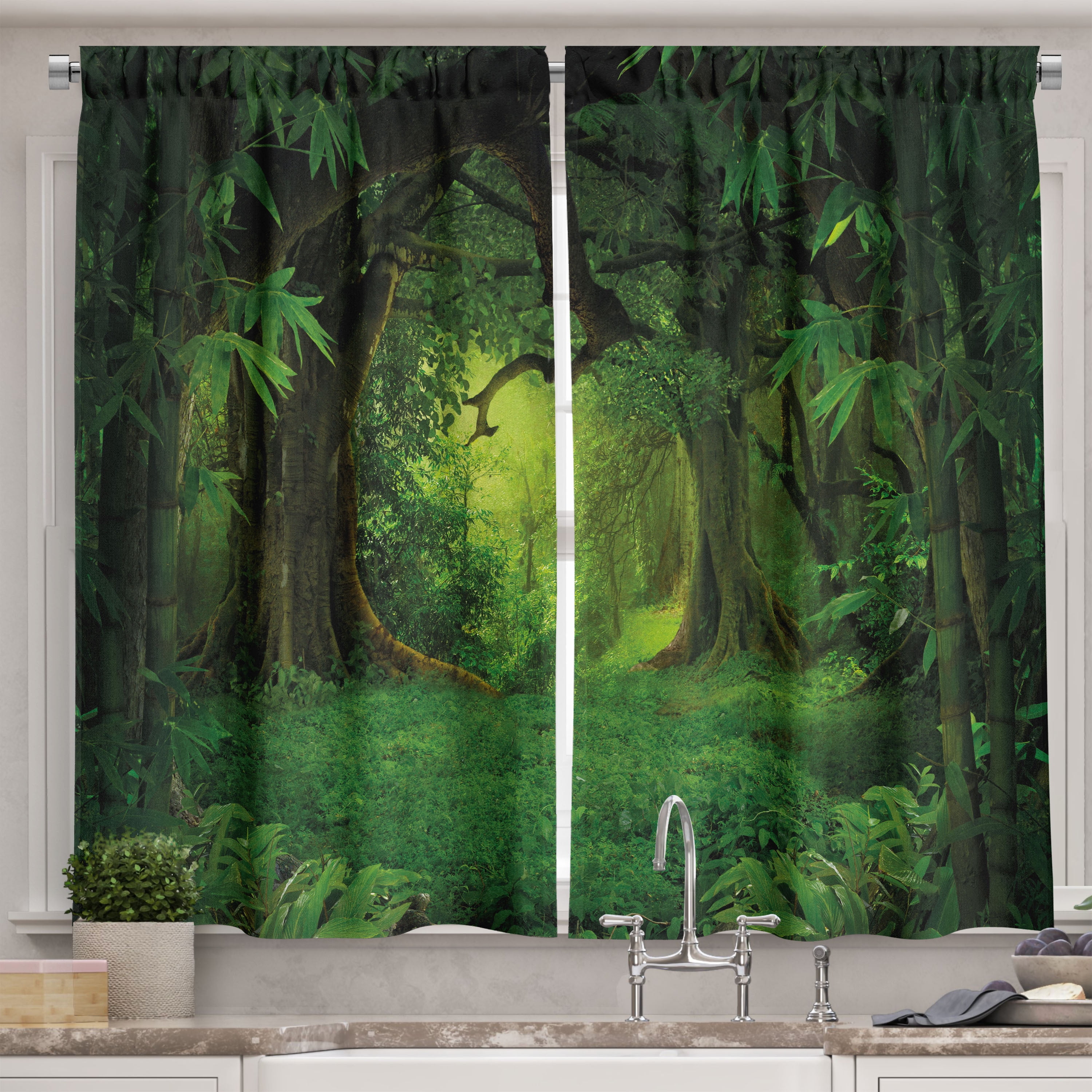 Ambesonne Woodsy Theme Kitchen Curtains, Tropical Jungle Art, 55"x39 ...