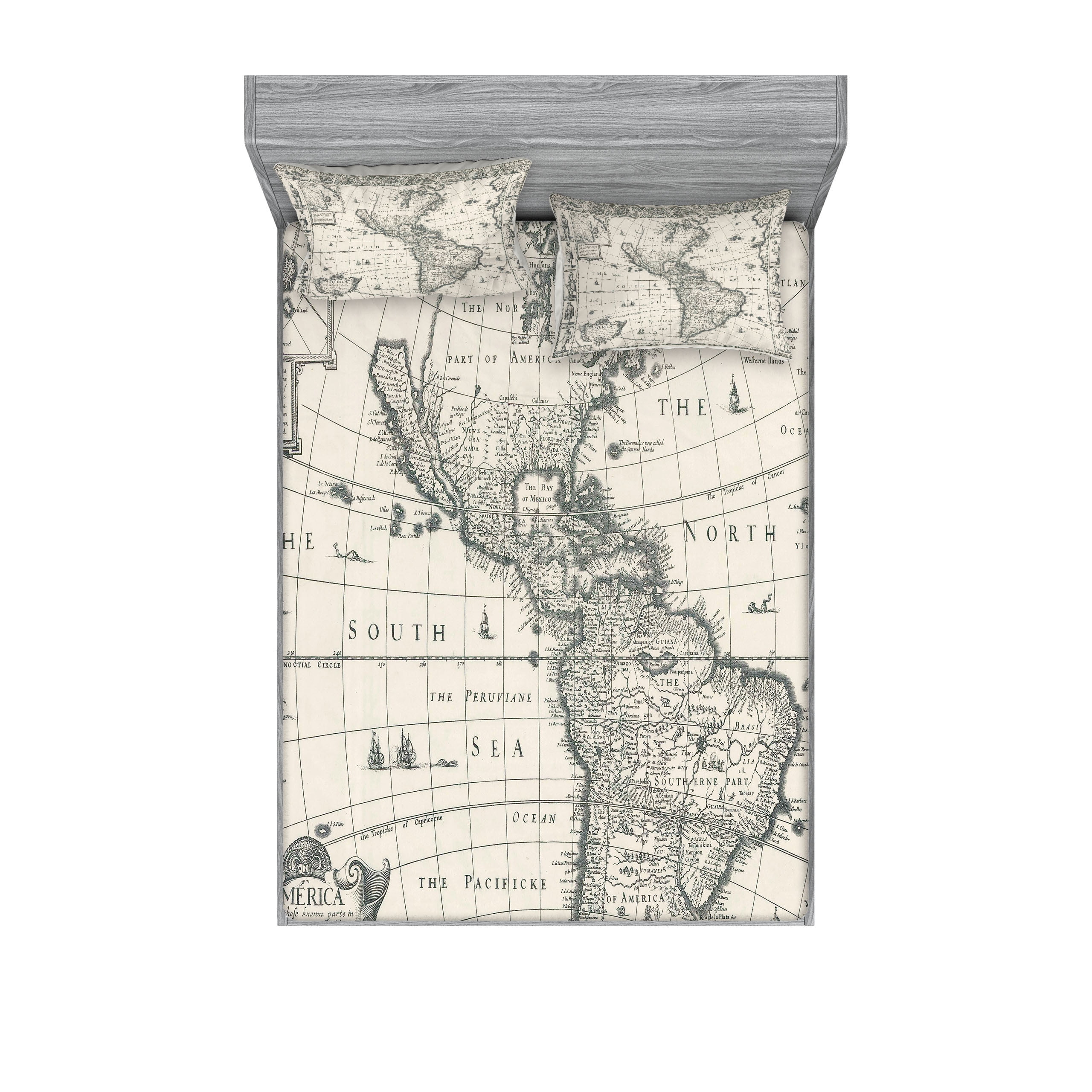 Ambesonne World Map Fitted Sheet & Pillow Sham Set, Retro Old America ...