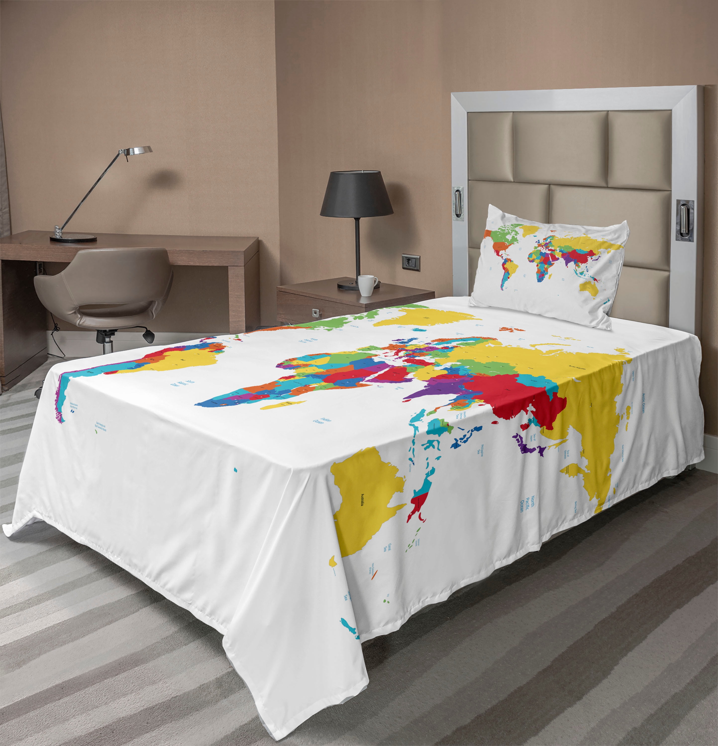 Ambesonne World Map Fitted & Top Sheet Set with Sham, Countries and ...