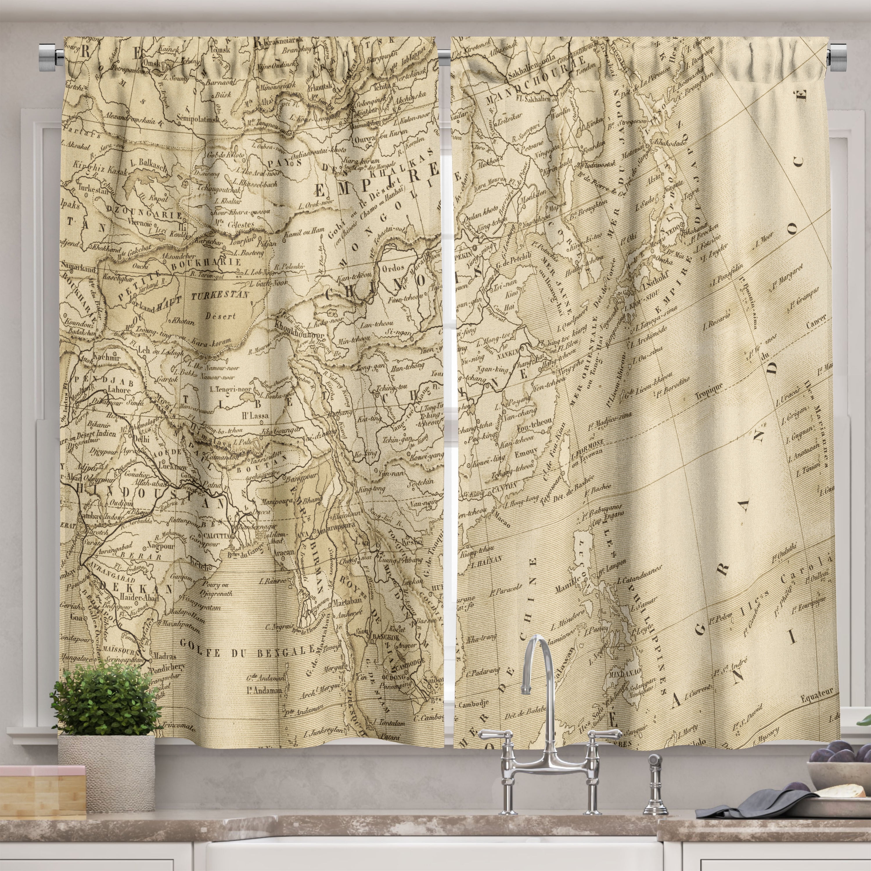 Ambesonne World Map Kitchen Curtains, Detailed Cartography Art, 55"x45 ...
