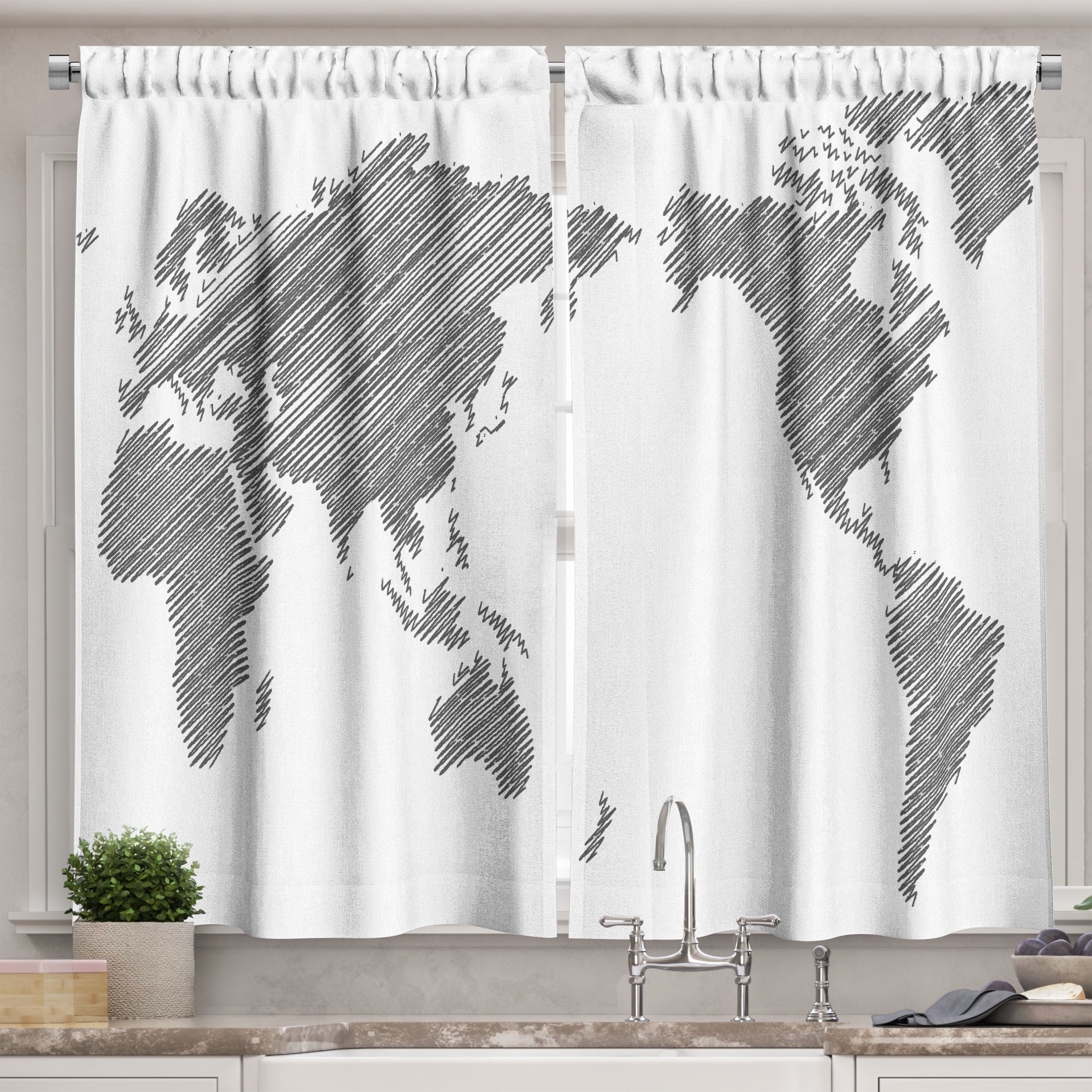 Ambesonne World Map Kitchen Curtains, Sketchy Continents, 55"x39 ...