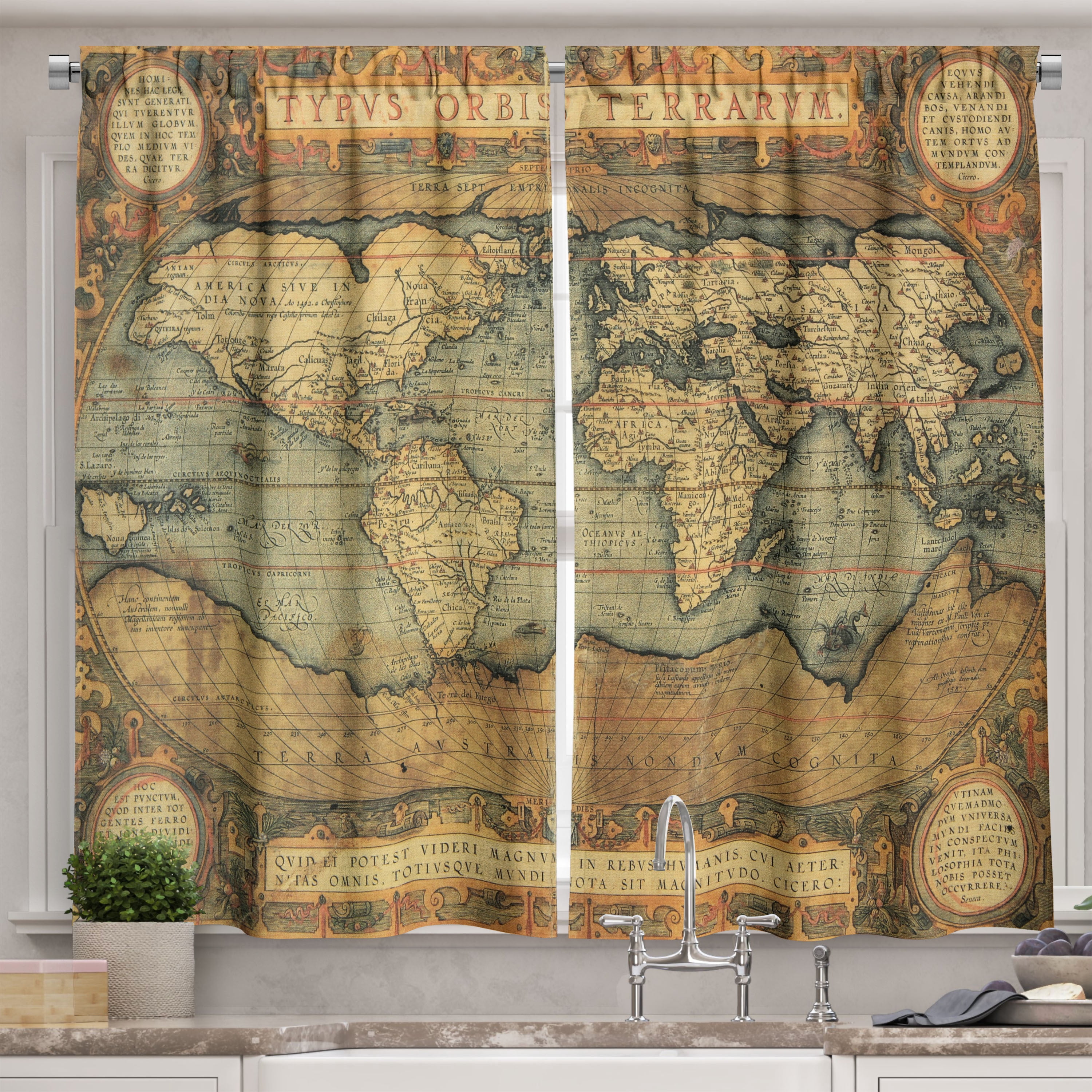 Ambesonne World Map Kitchen Curtains, Vintage Atlas Old Chart, 55"x45 ...