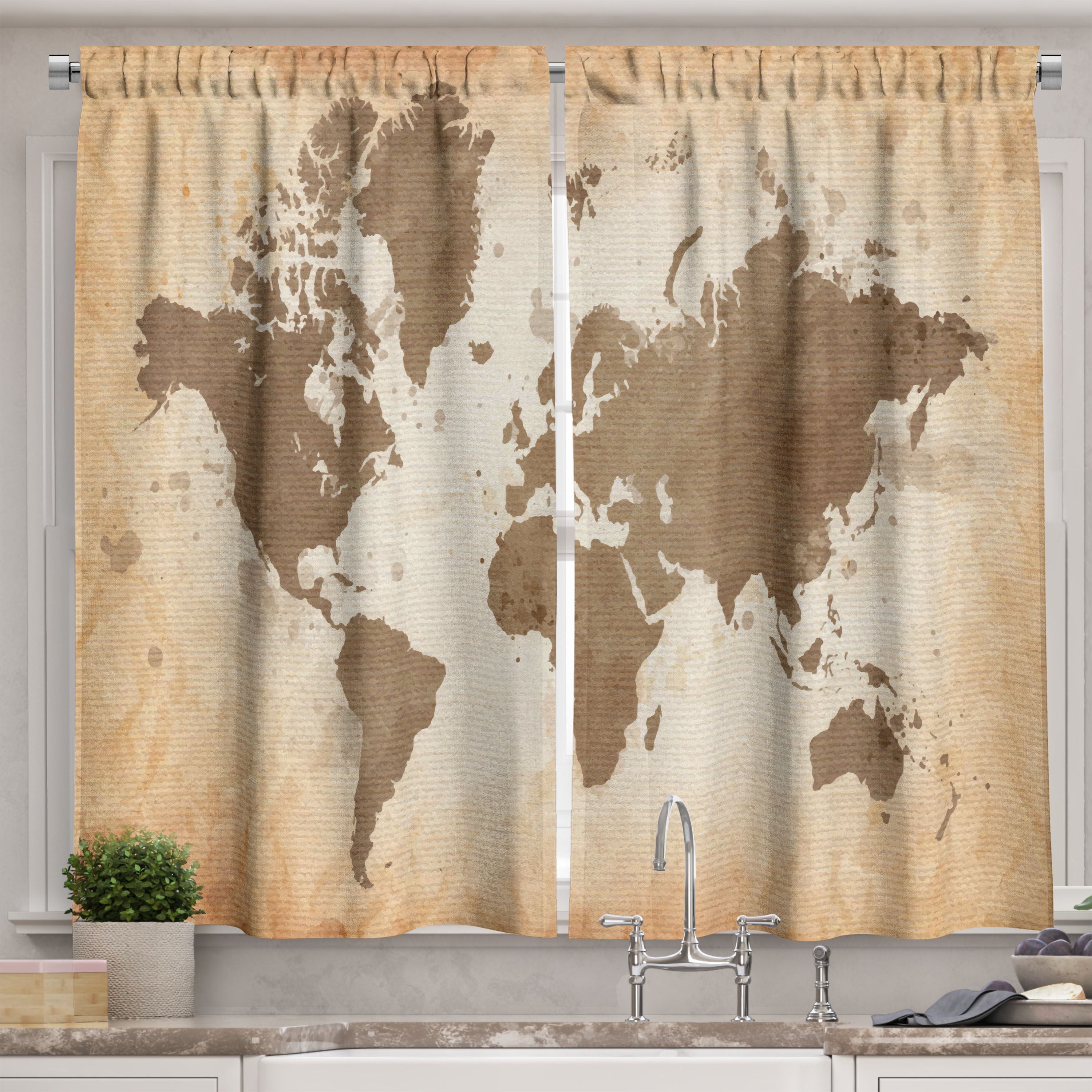 Ambesonne World Map Kitchen Curtains, Vintage Earth Continents, 55"x39 ...