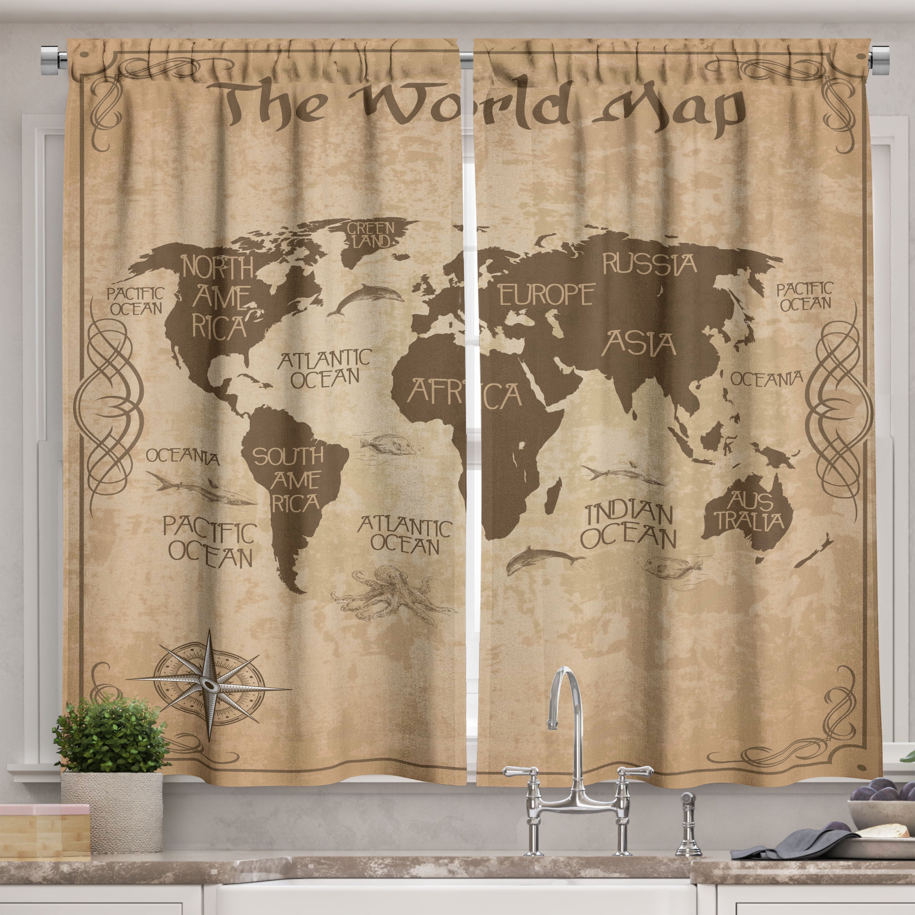 Ambesonne World Map Kitchen Curtains, Vintage Topographic Image, 55"x45 ...