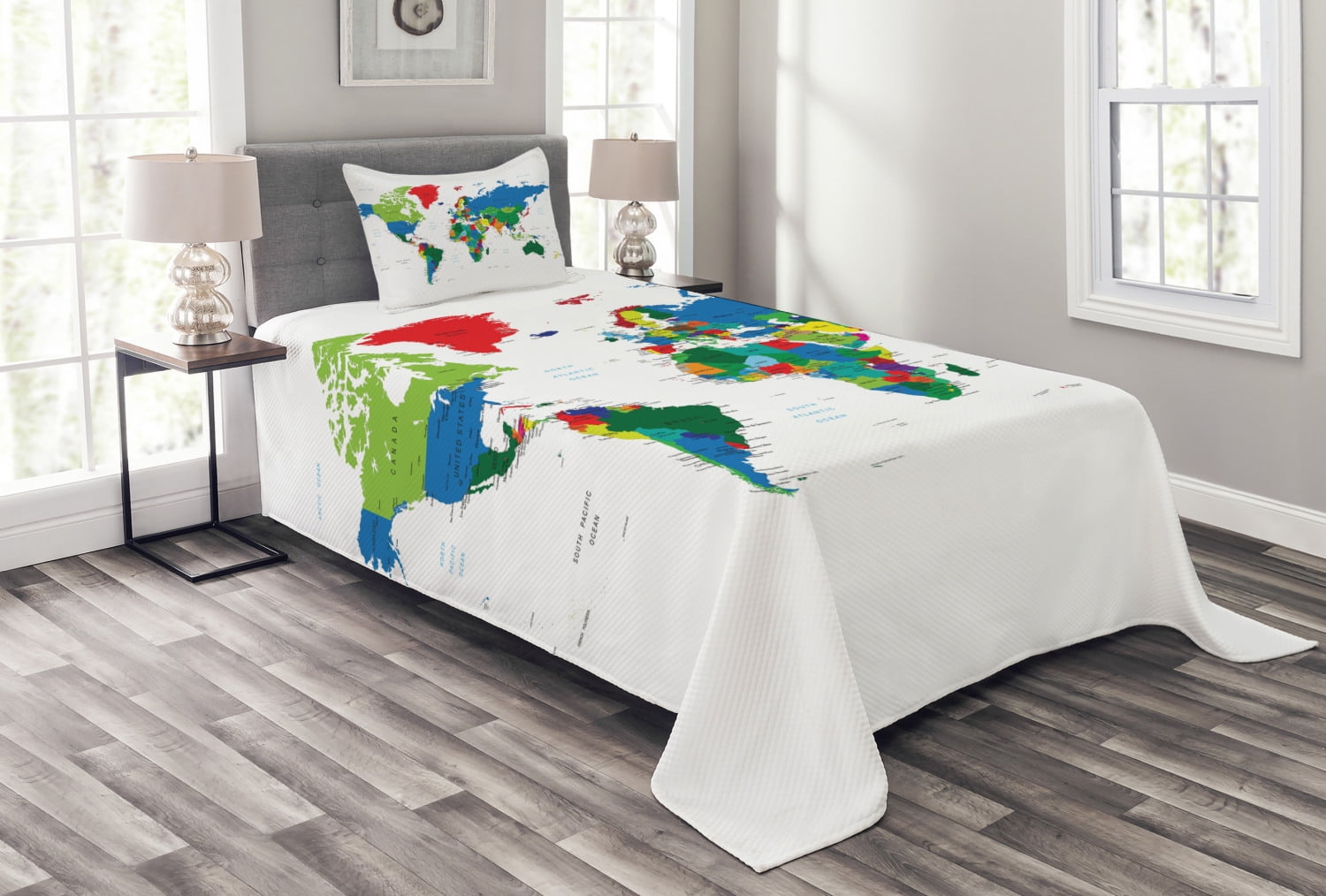 Ambesonne World Map Quilted Bedspread Set 2 Pcs, Colorful Political ...