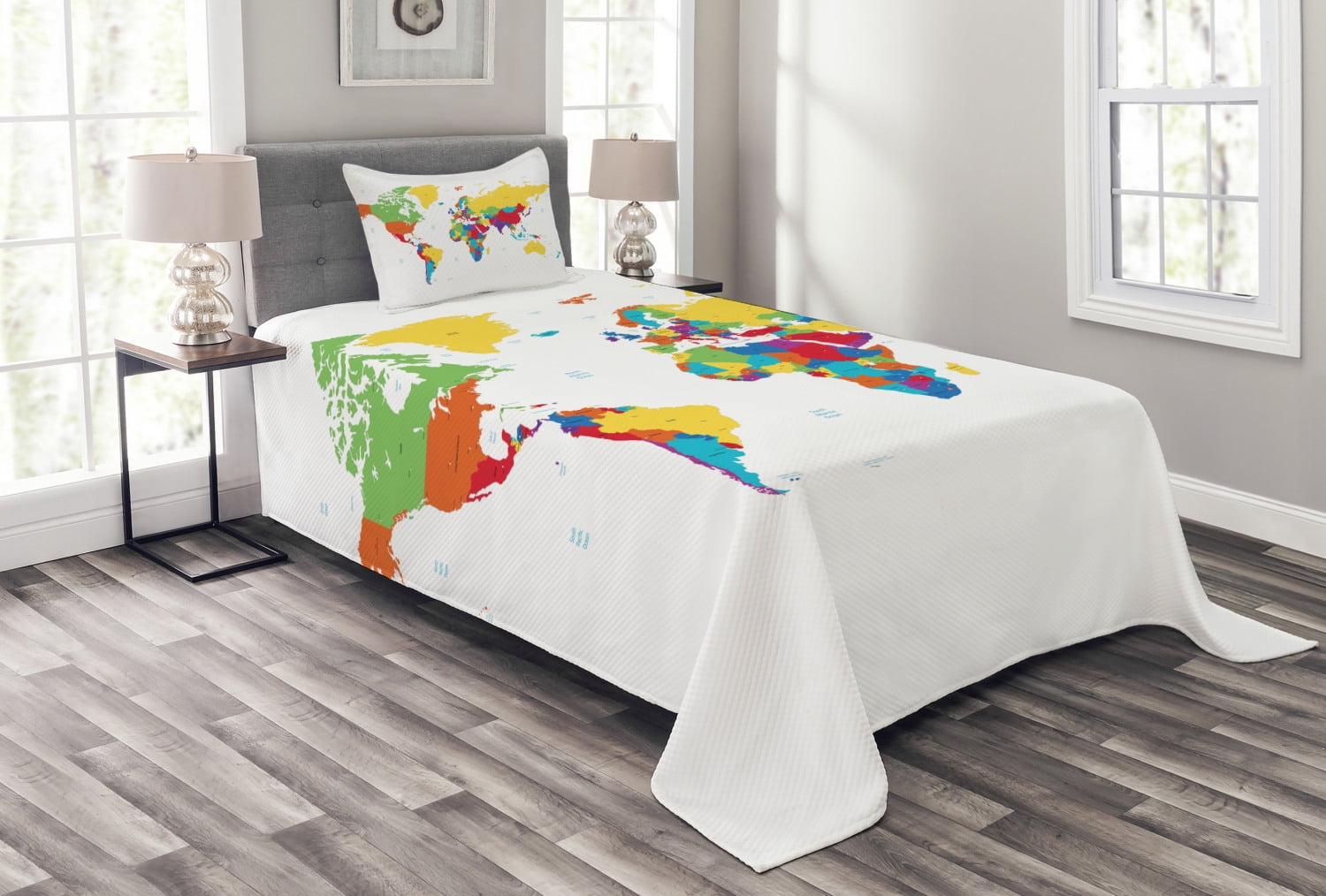 Ambesonne World Map Quilted Bedspread Set 2 Pcs, Countries and Oceans ...