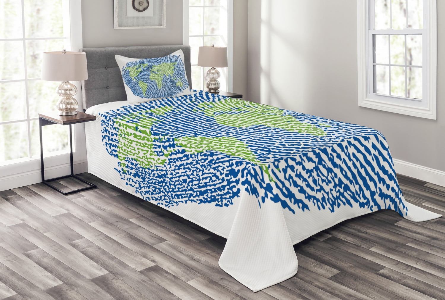 Ambesonne World Map Quilted Bedspread Set 2 Pcs, Fingerprint World Map ...