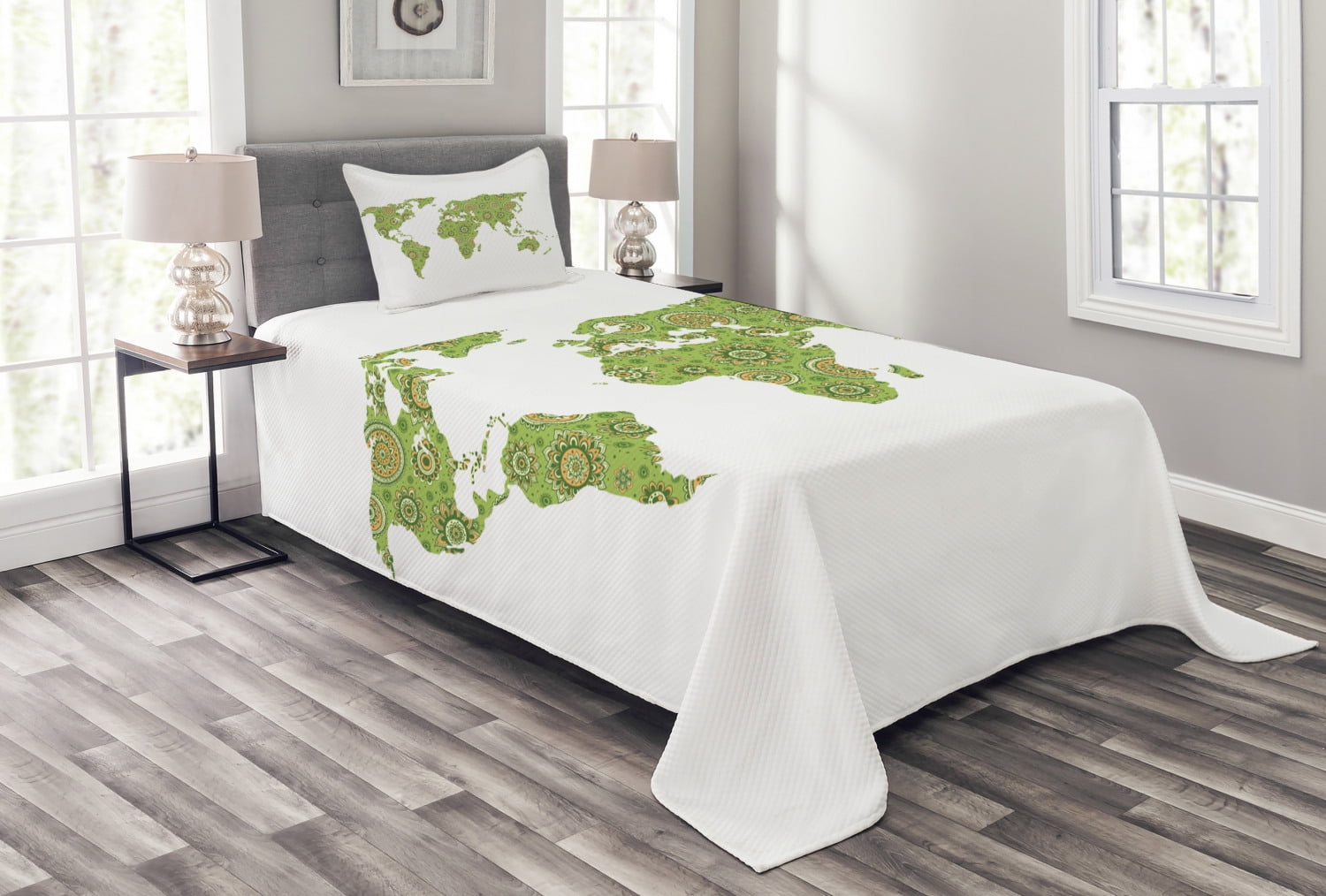 Ambesonne World Map Quilted Bedspread Set 2 Pcs, Mandala Style Chart ...