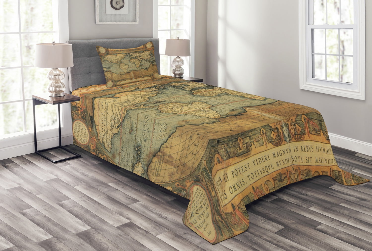 Ambesonne World Map Quilted Bedspread Set 2 Pcs, Retro Atlas ...