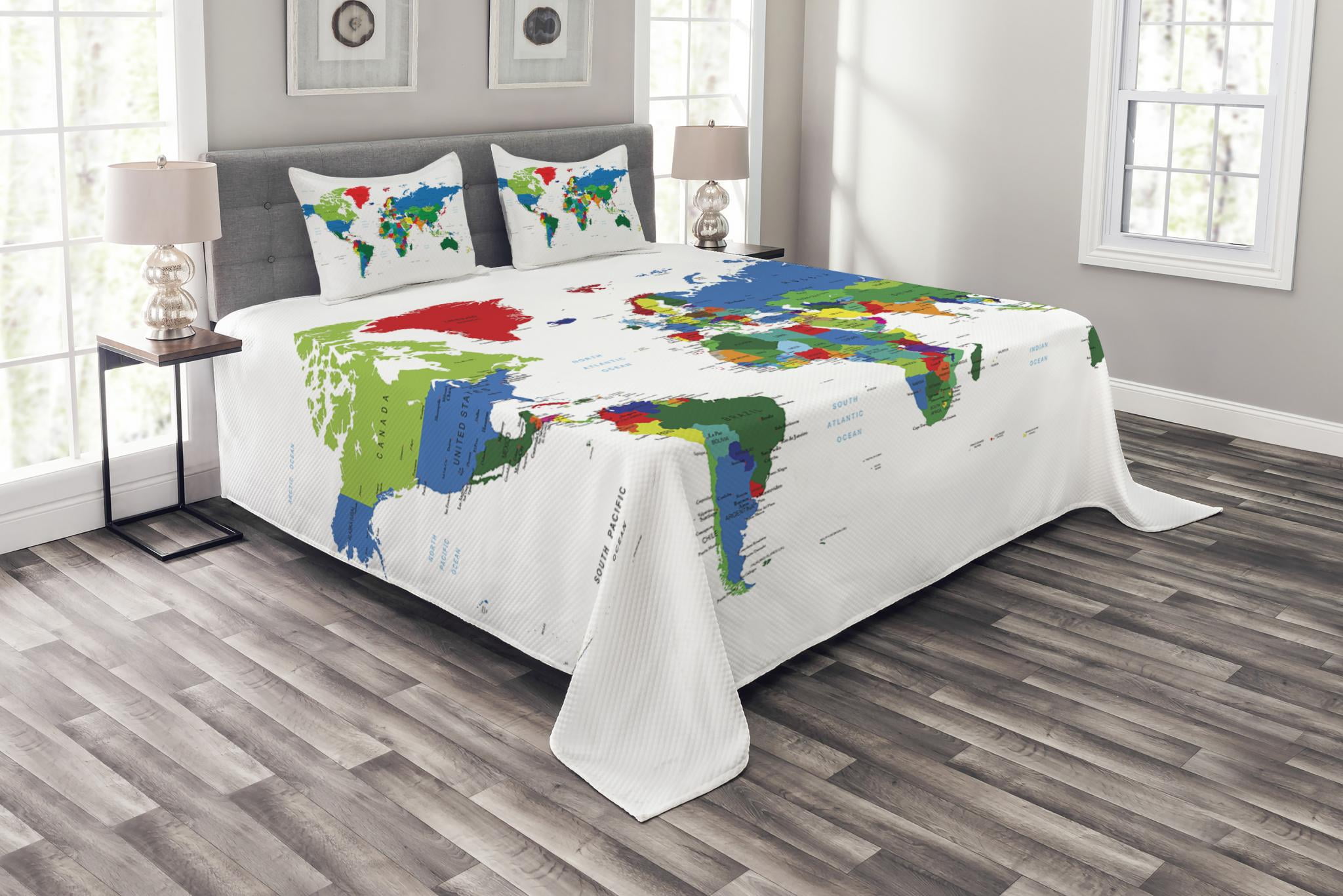 Ambesonne World Map Quilted Bedspread Set 3 Pcs, Colorful Political ...