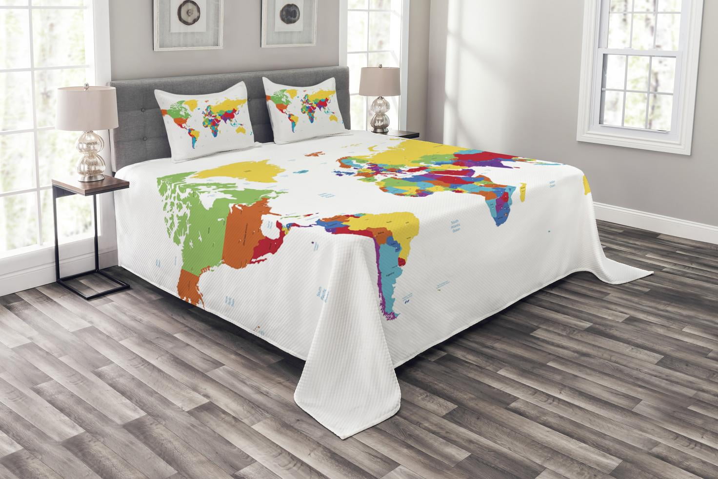 Ambesonne World Map Quilted Bedspread Set 3 Pcs, Countries and Oceans ...