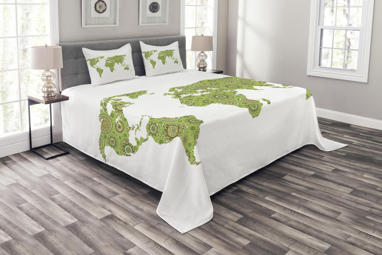 Ambesonne World Map Quilted Bedspread Set 3 Pcs, Mandala Style Chart ...