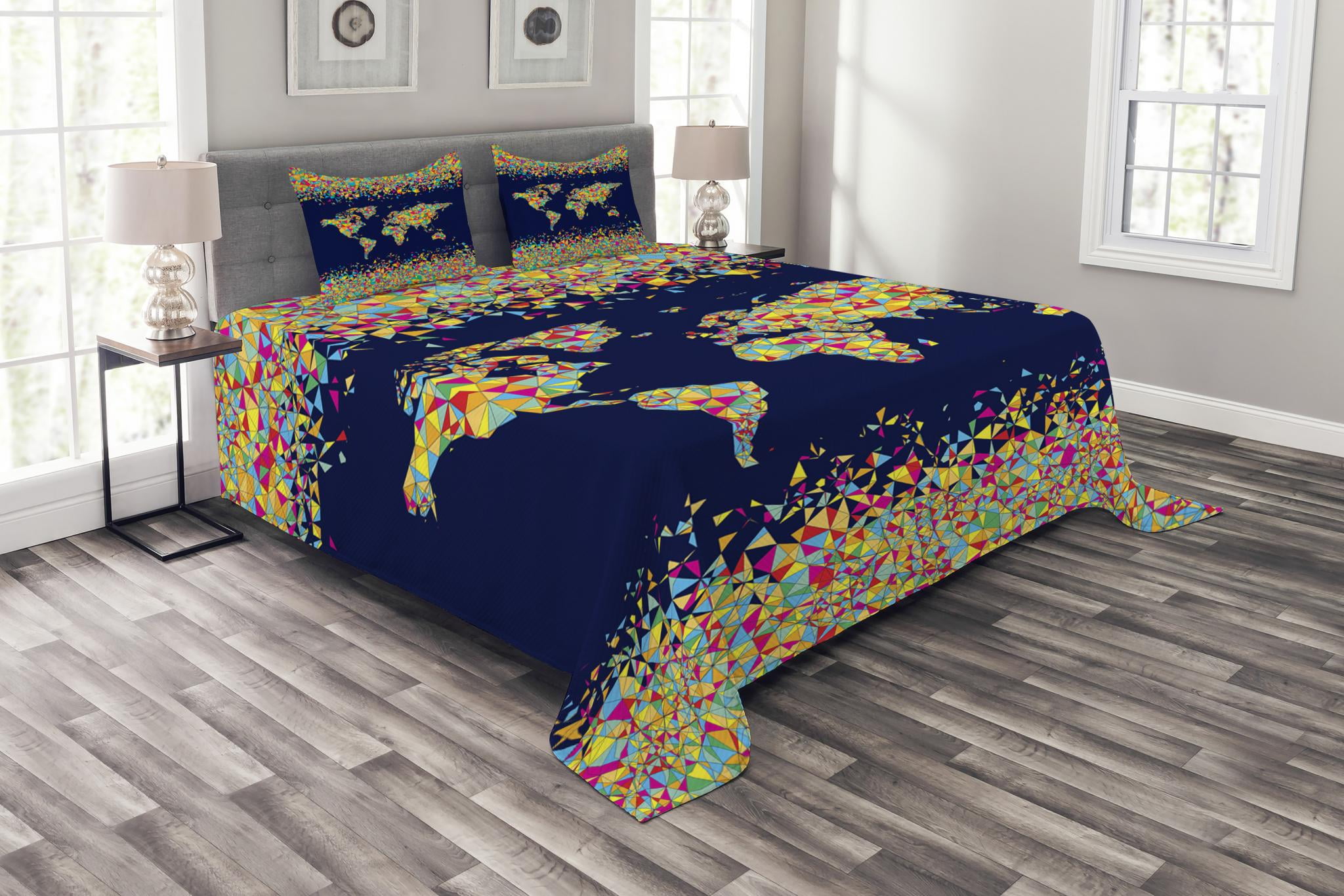 Ambesonne World Map Quilted Bedspread Set 3 Pcs, Mosaics Tiles Global ...