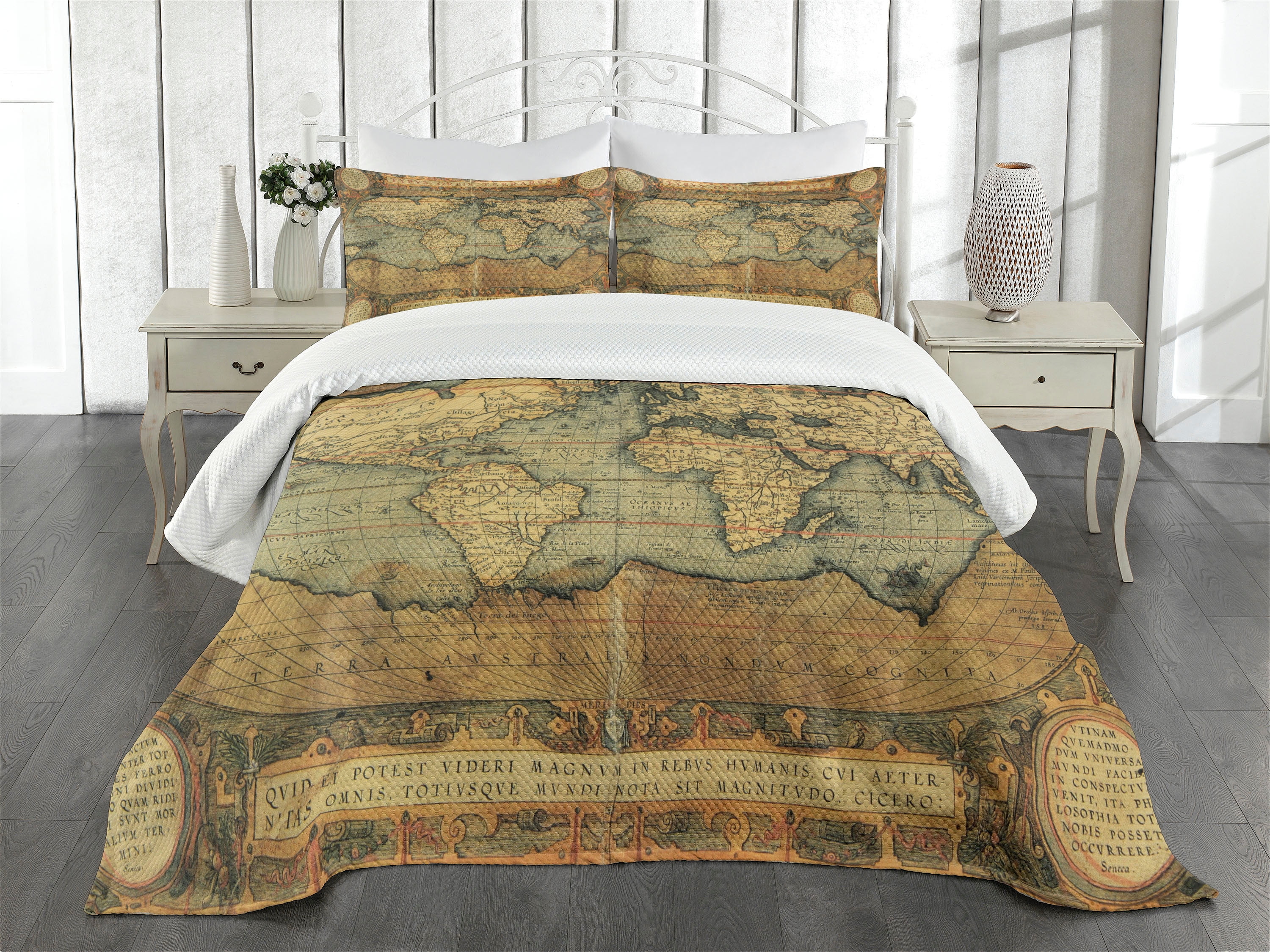Ambesonne World Map Quilted Bedspread Set 3 Pcs, Retro Atlas ...