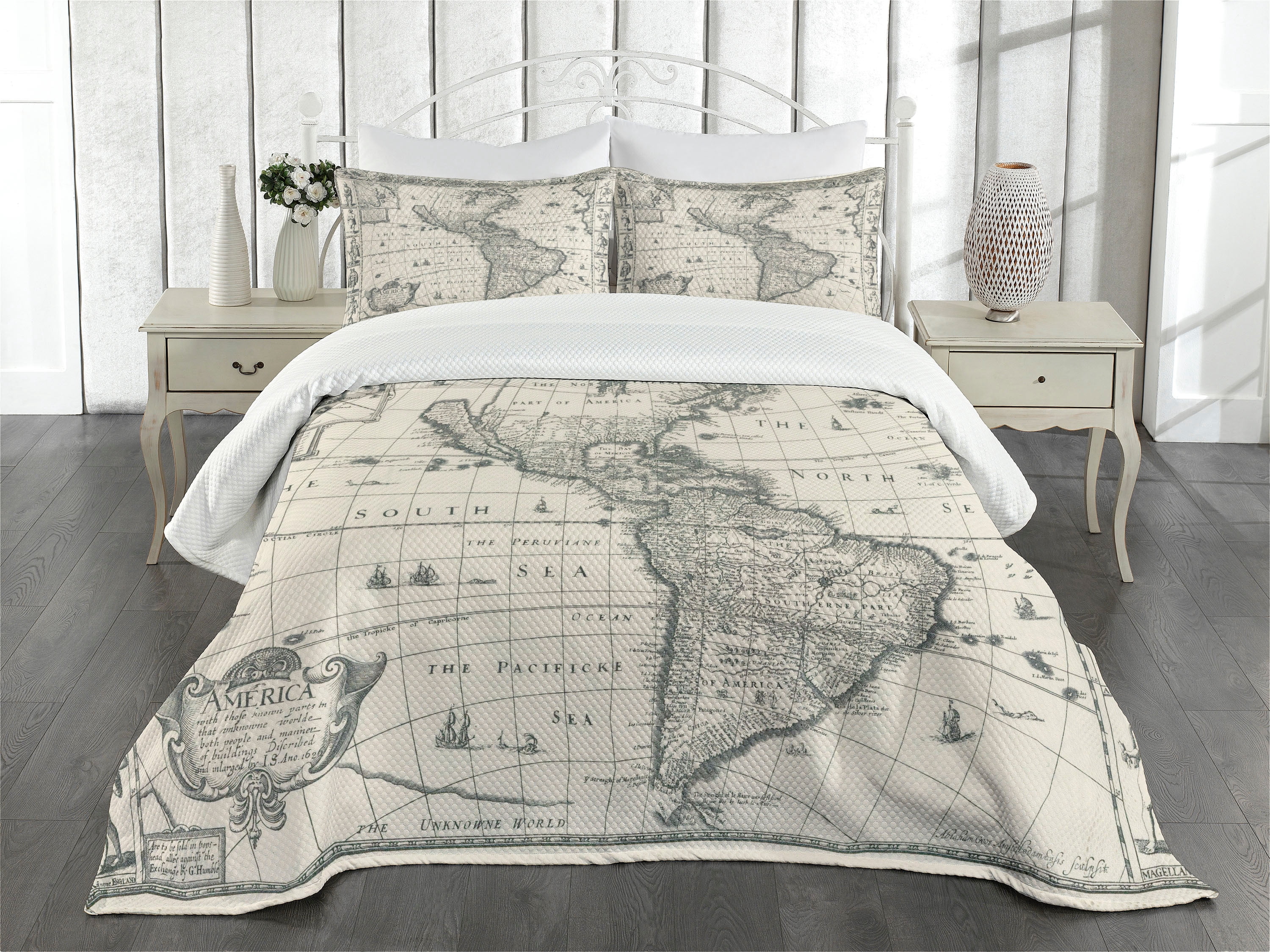 Ambesonne World Map Quilted Bedspread Set 3 Pcs, Retro Old America Map ...