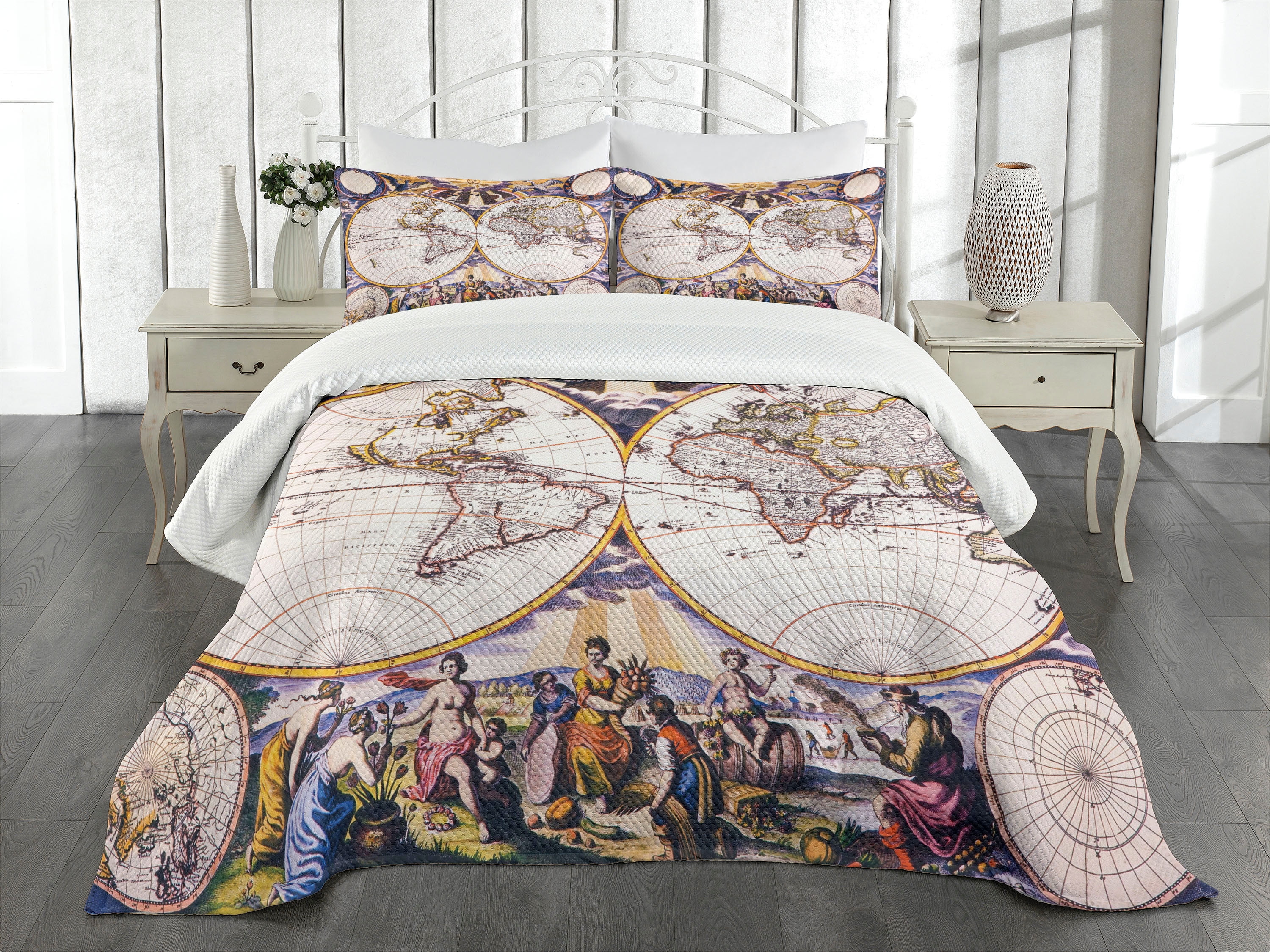 Ambesonne World Map Quilted Bedspread Set 3 Pcs, Sun Sky Birds Clouds ...