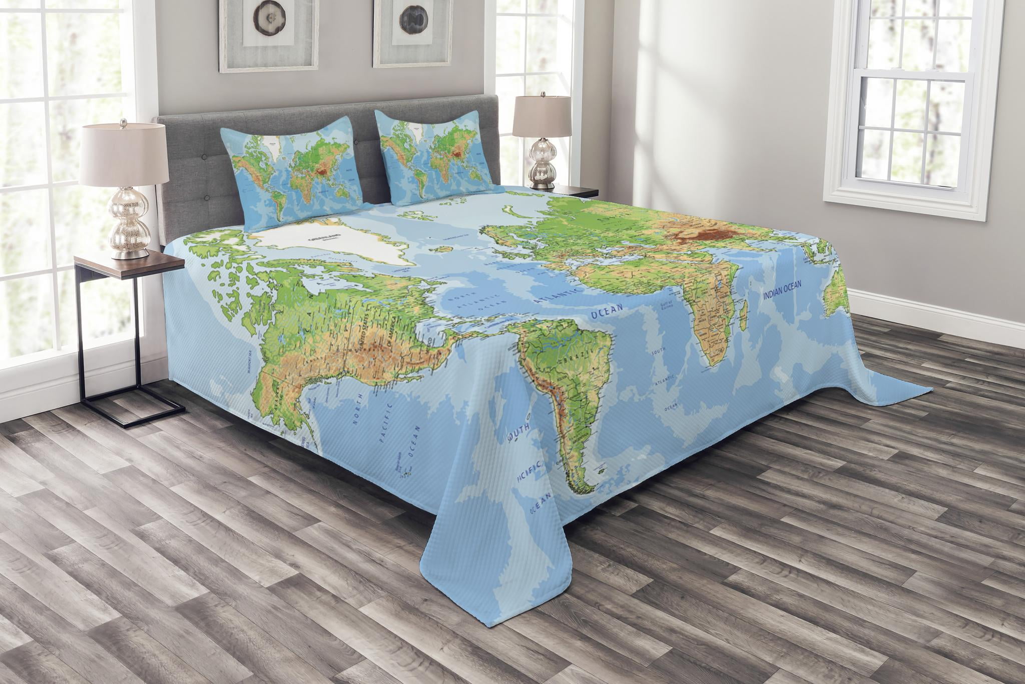 Ambesonne World Map Quilted Bedspread Set 3 Pcs, Topographic, Queen ...