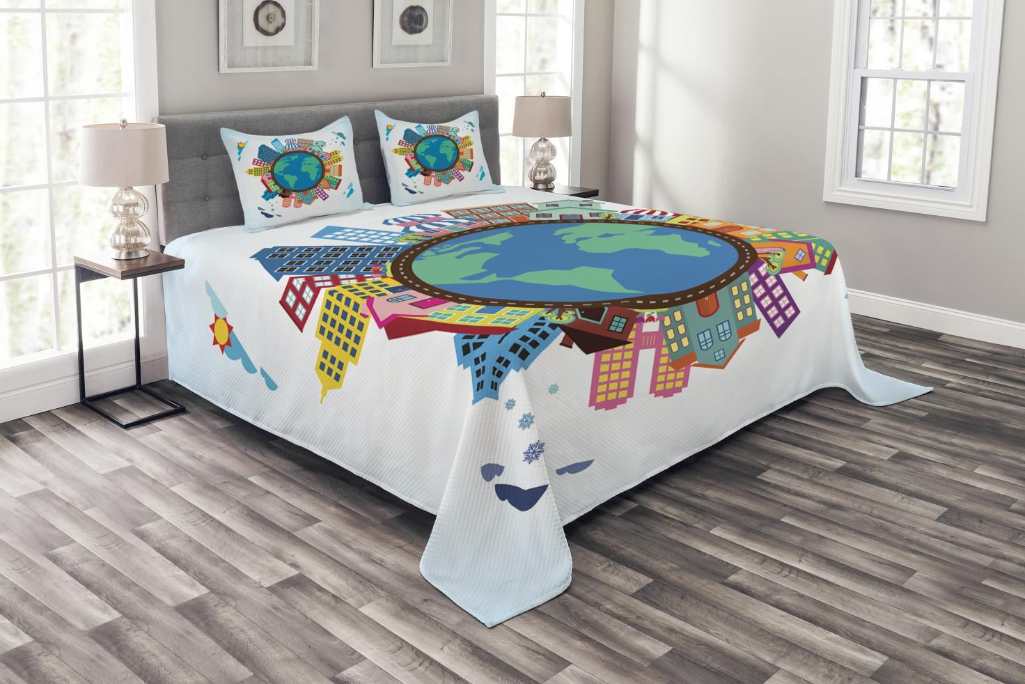 Ambesonne World Map Quilted Bedspread Set 3 Pcs, Urban Life World Motif ...